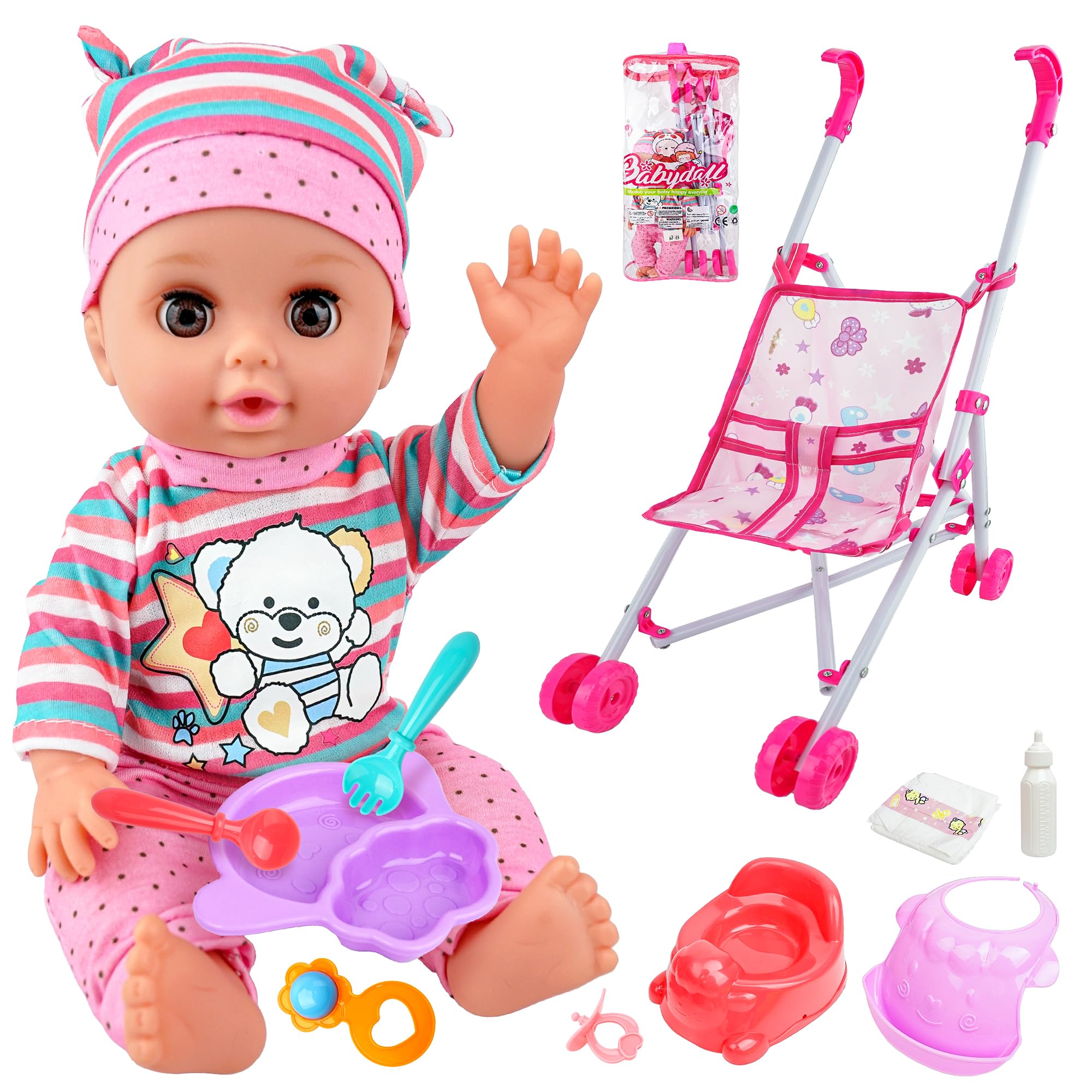 Amazon.com: Baby Doll with Stroller Gift Set, 14'' Realistic Doll with ...