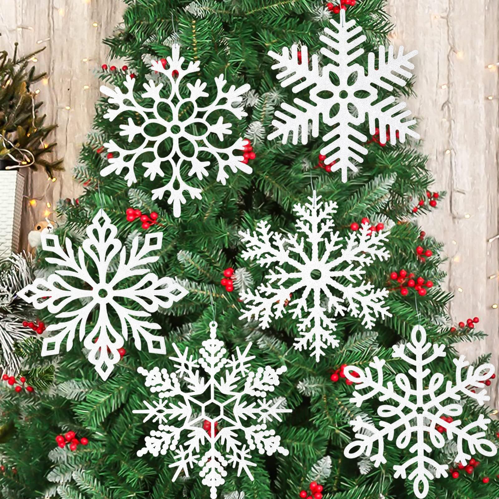 Amazon.com: Large Snowflakes Set of 5 White Glittered Snowflakes ...