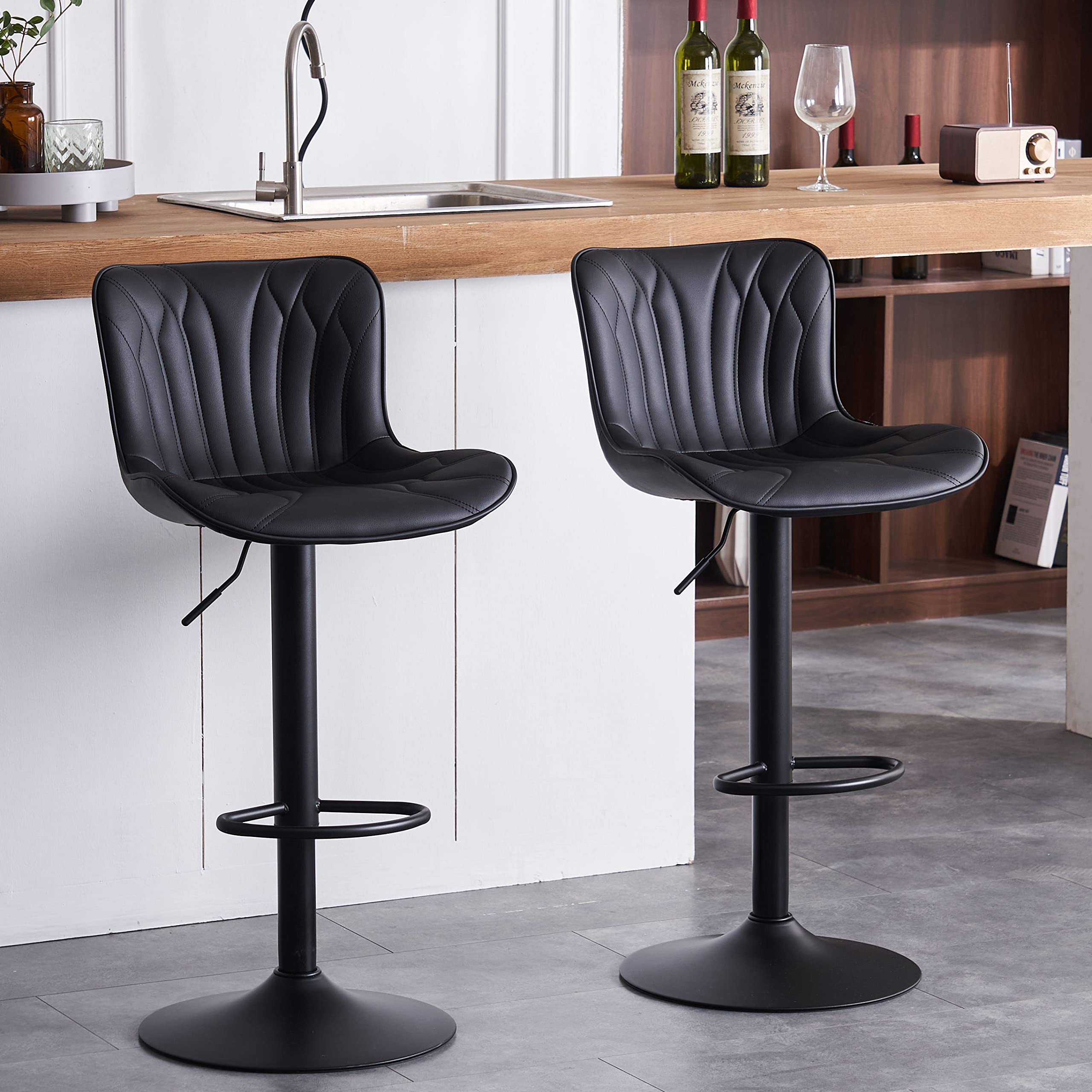 YOUNIKE Bar Stools Black Swivel Faux Leather Barstools Adjustable ...