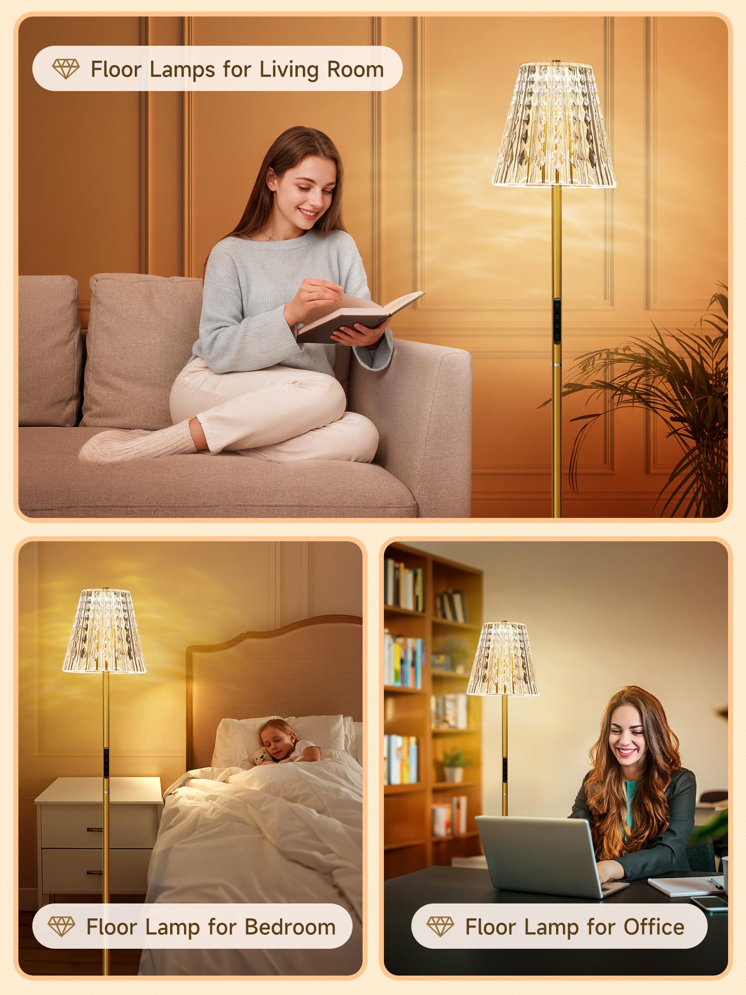 One Fire Crystal Floor Lamp for Bedroom, 5 Colors+10 Dimmable Gold ...