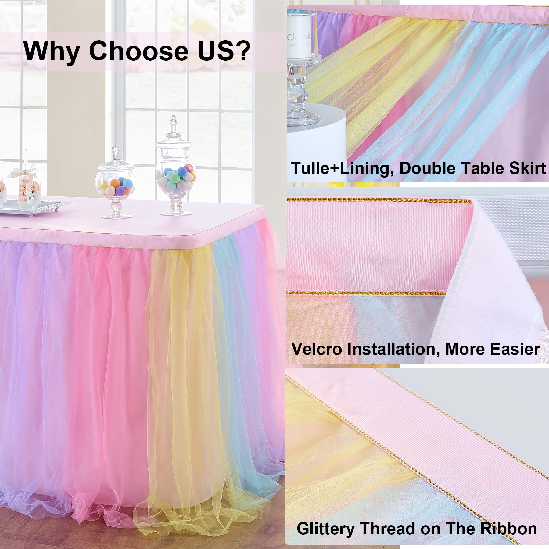 Snapklik.com : 167in Rainbow Tulle Table Skirts For Rectangle Tables 6 ...