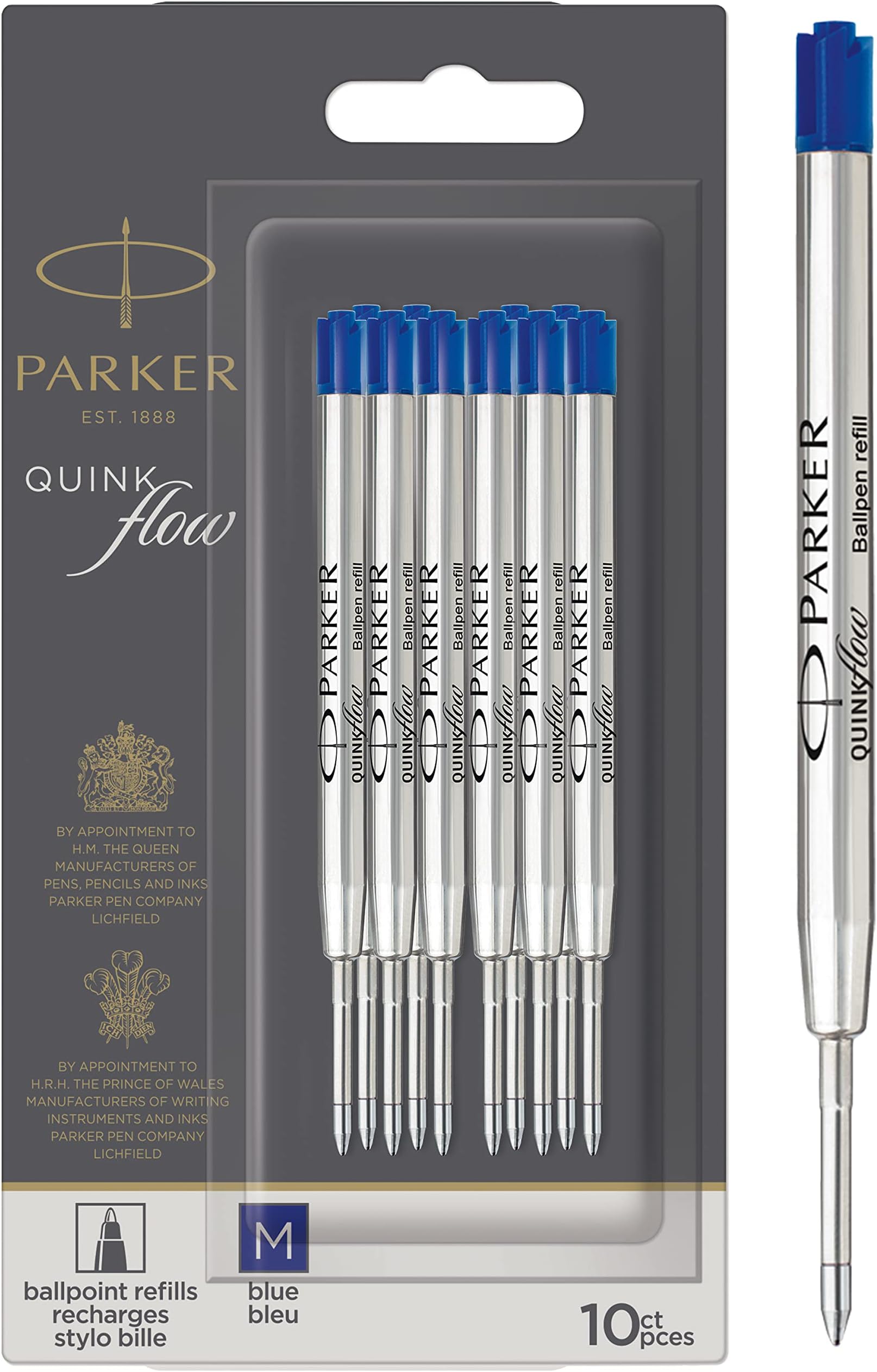 PARKER QUINKflow Ballpoint Pen Ink Refills, Medium Tip, Blue, 10 Count ...