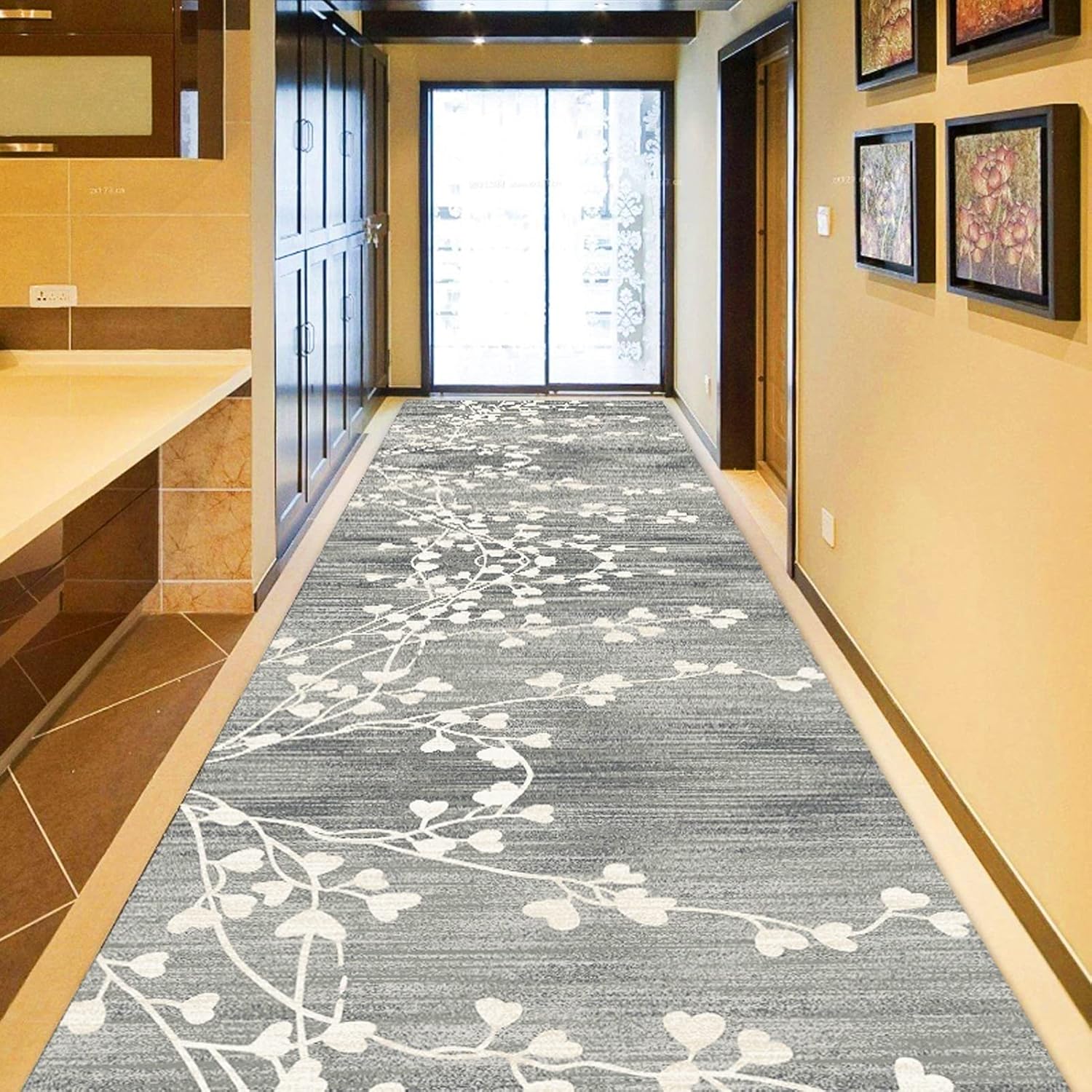 Traditional Grey Hallway Runner Rug, Long Narrow Hall Runner Rug Non ...