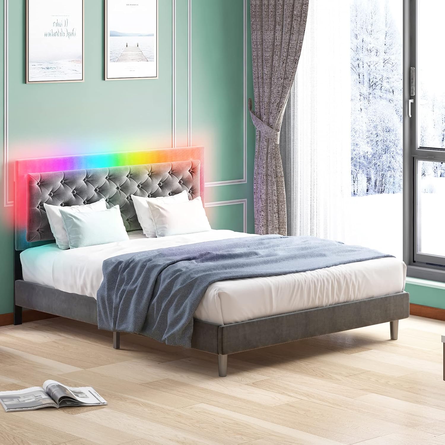 Amazon.com: ZAFLY King Size Bed Frame, Velveteen RGB LED Bed Frame with ...