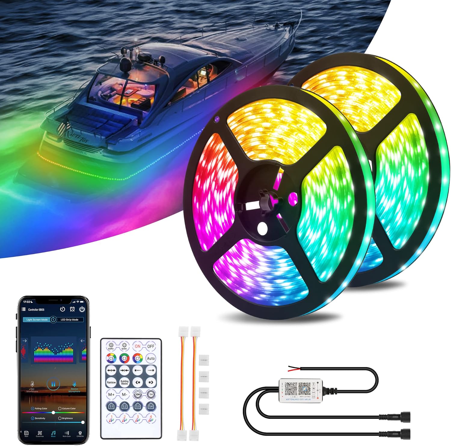 Amazon.com : HUSUKU Dream Color LED Boat Strip Lights, 2x16.4ft RF ...