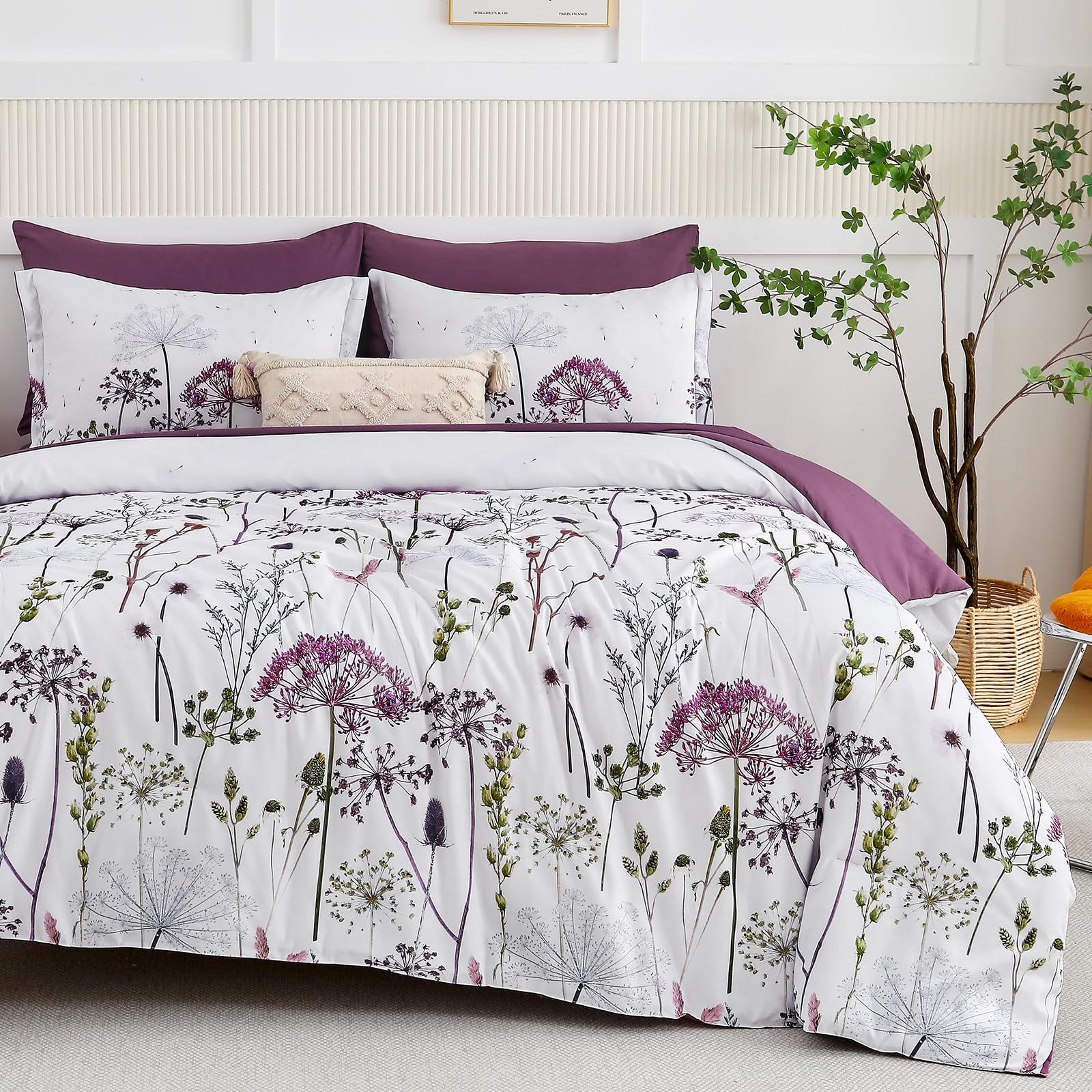 Amazon.com: Yiran Purple Floral Comforter Set Queen Size, 7 Piece ...