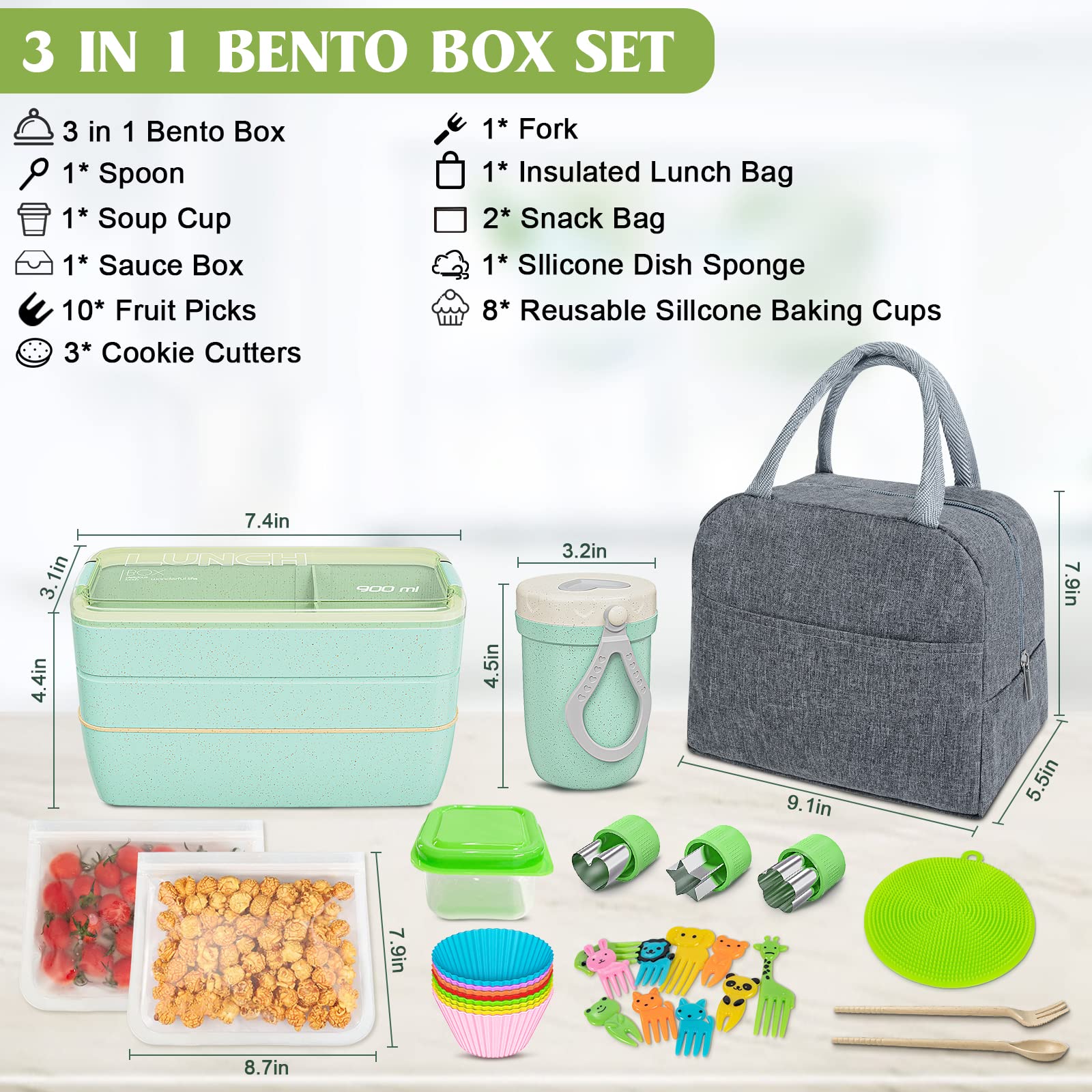 Korlon 30 Pcs Bento Box Adult Lunch Box Kit, 3-In-1 Compartment ...