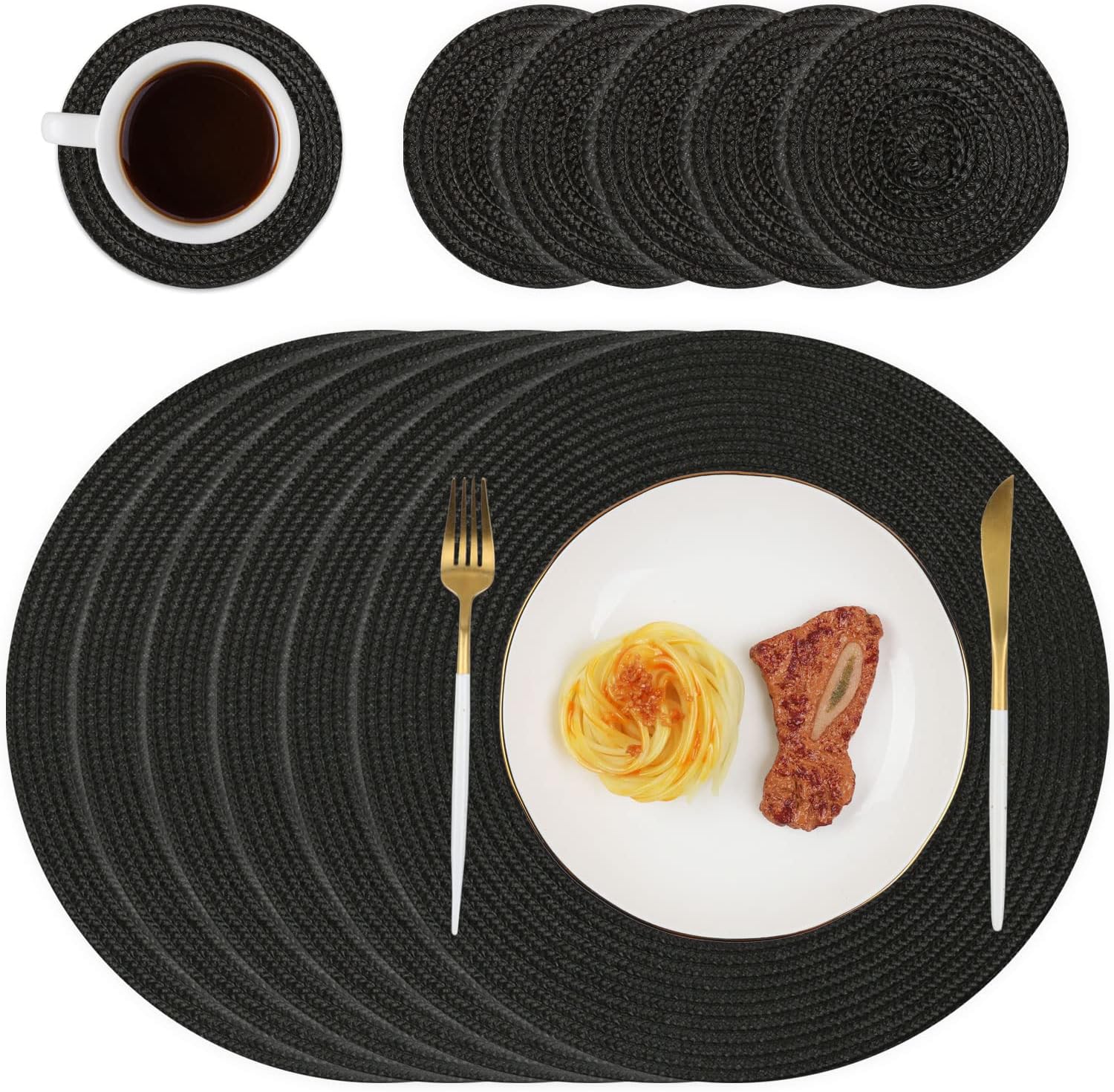 HNVNER Black Round Placemats and Coaster Set of 6, Woven Table Mats ...