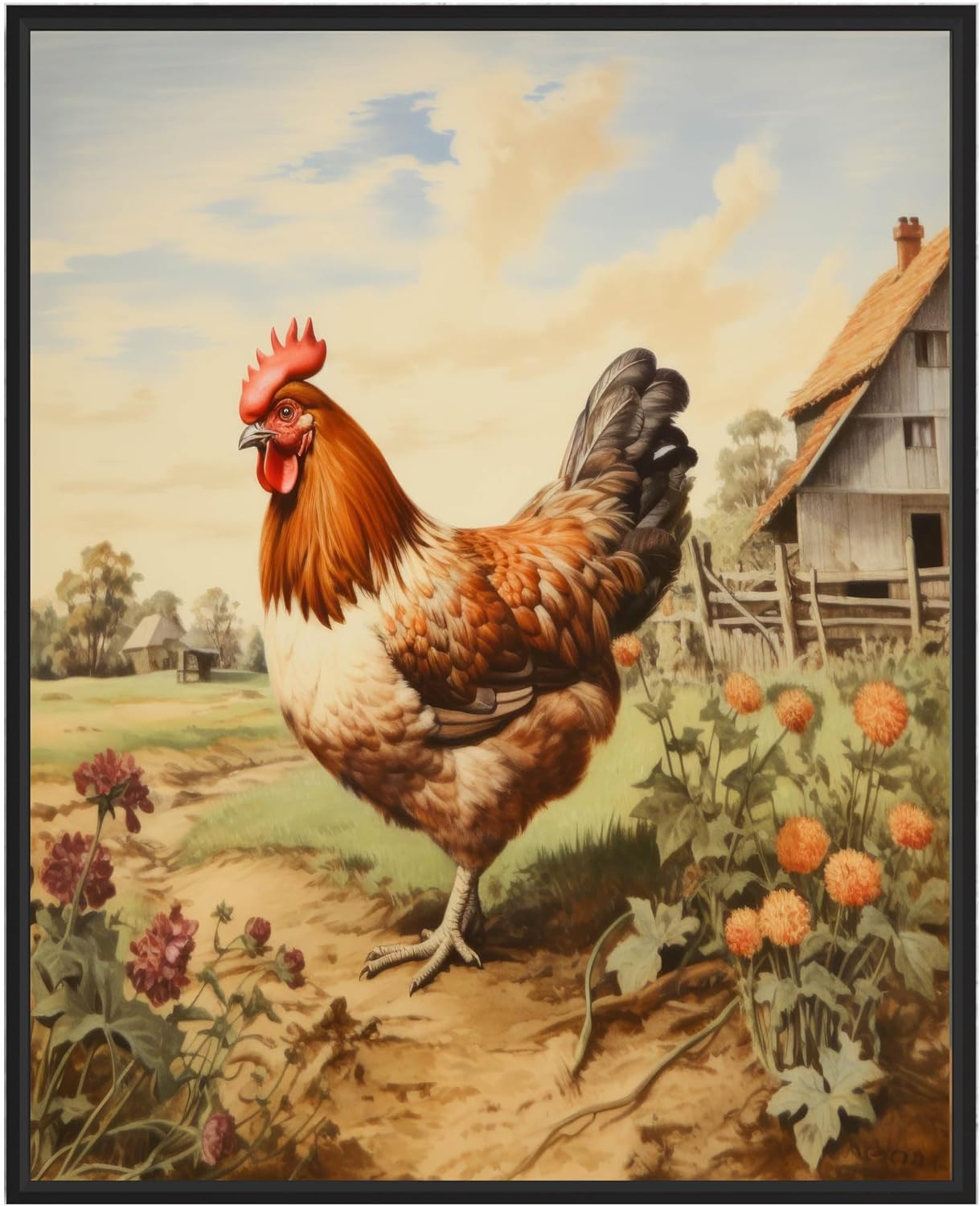 Amazon.com: Chicken At Farm Art Print Poster, Game Bird Wall Art ...