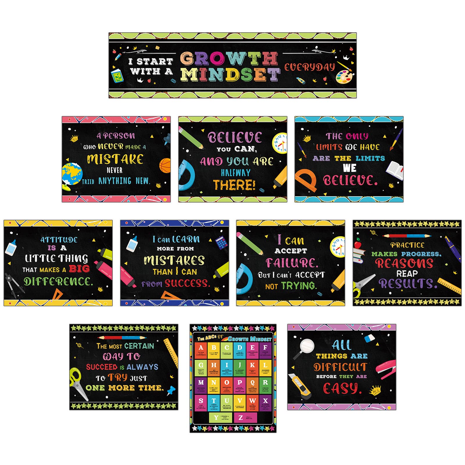 Pajean 11 Pcs Growth Mindset Posters Motivational Classroom Banner ...