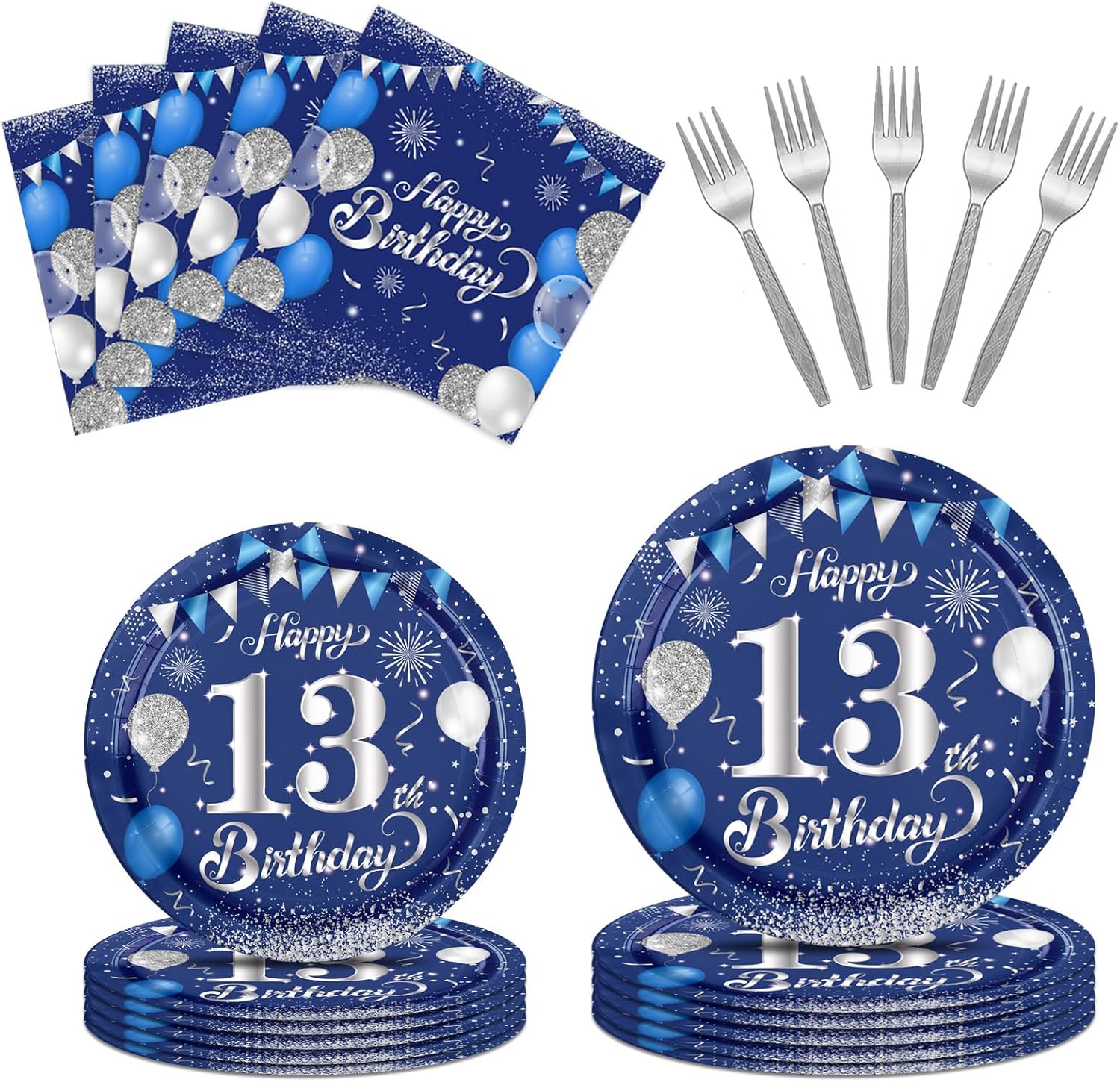 Amazon.com: 96 PCS Blue Silver 13th Birthday Decorations for Boys Happy ...
