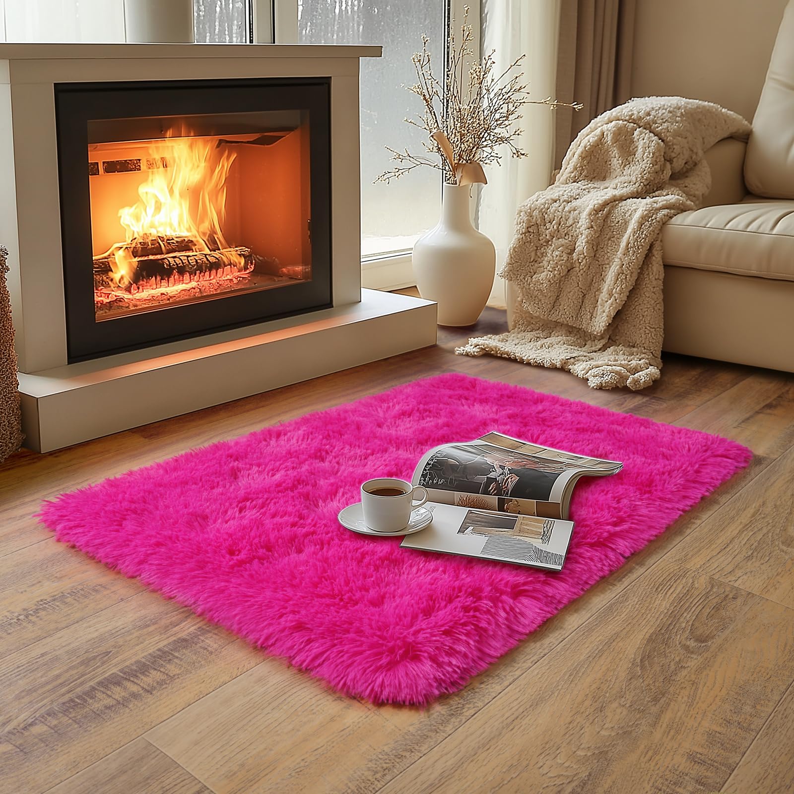 Amazon.com: Hot Pink Fluffy Rug Soft Shaggy Fuzzy Carpet Plush Nursery ...