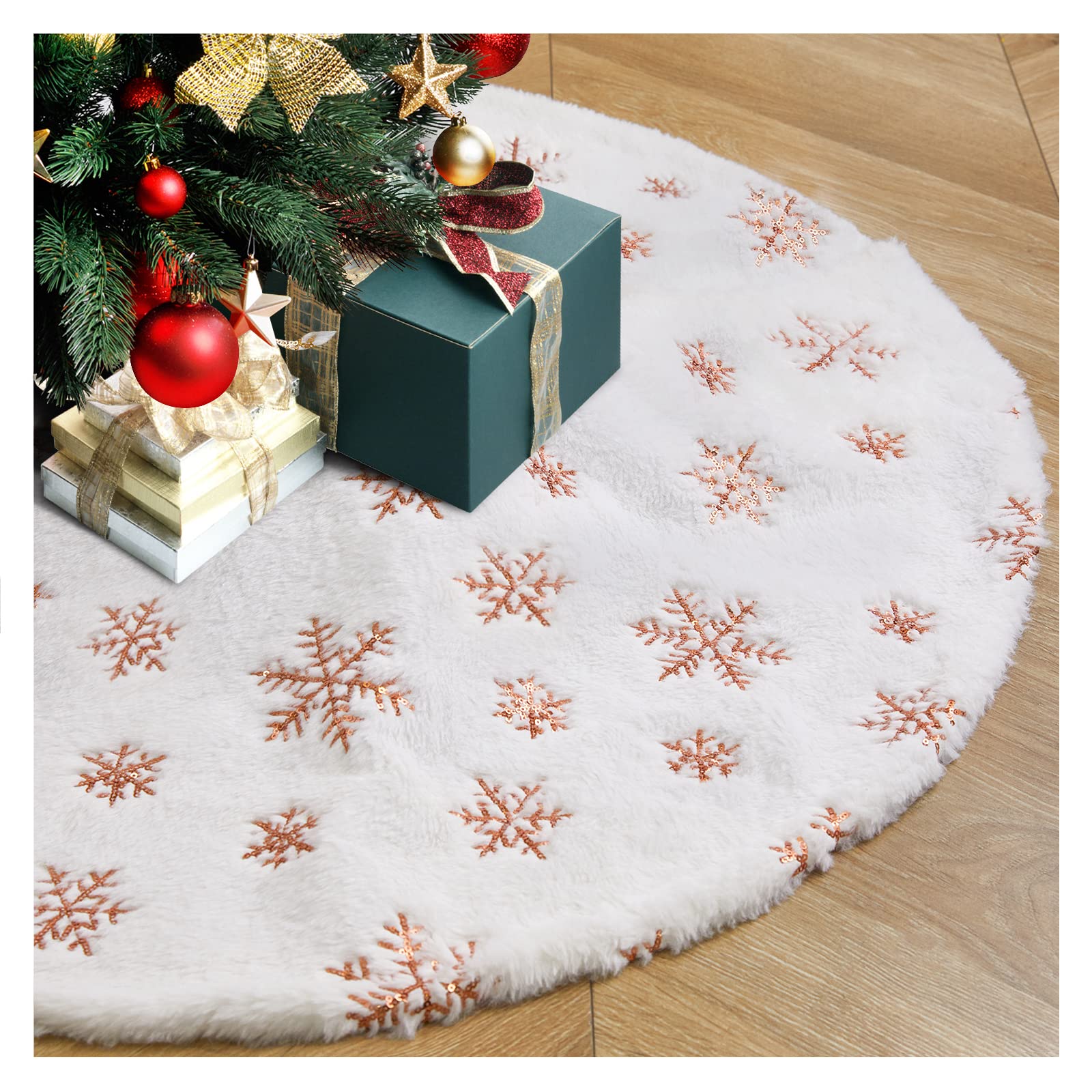 24 Inches Rose Gold Snowflakes Tree Skirt White Faux Fur Tree Skirts ...