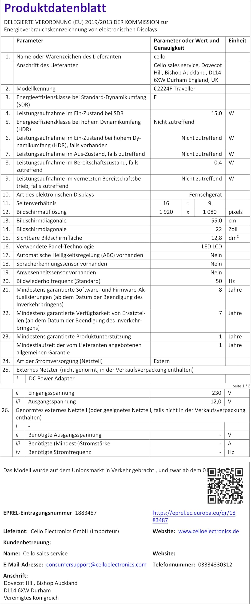 Cello C2224F Trav 22" Full HD DVD Camping Reise TV mit Rahmenlos ...