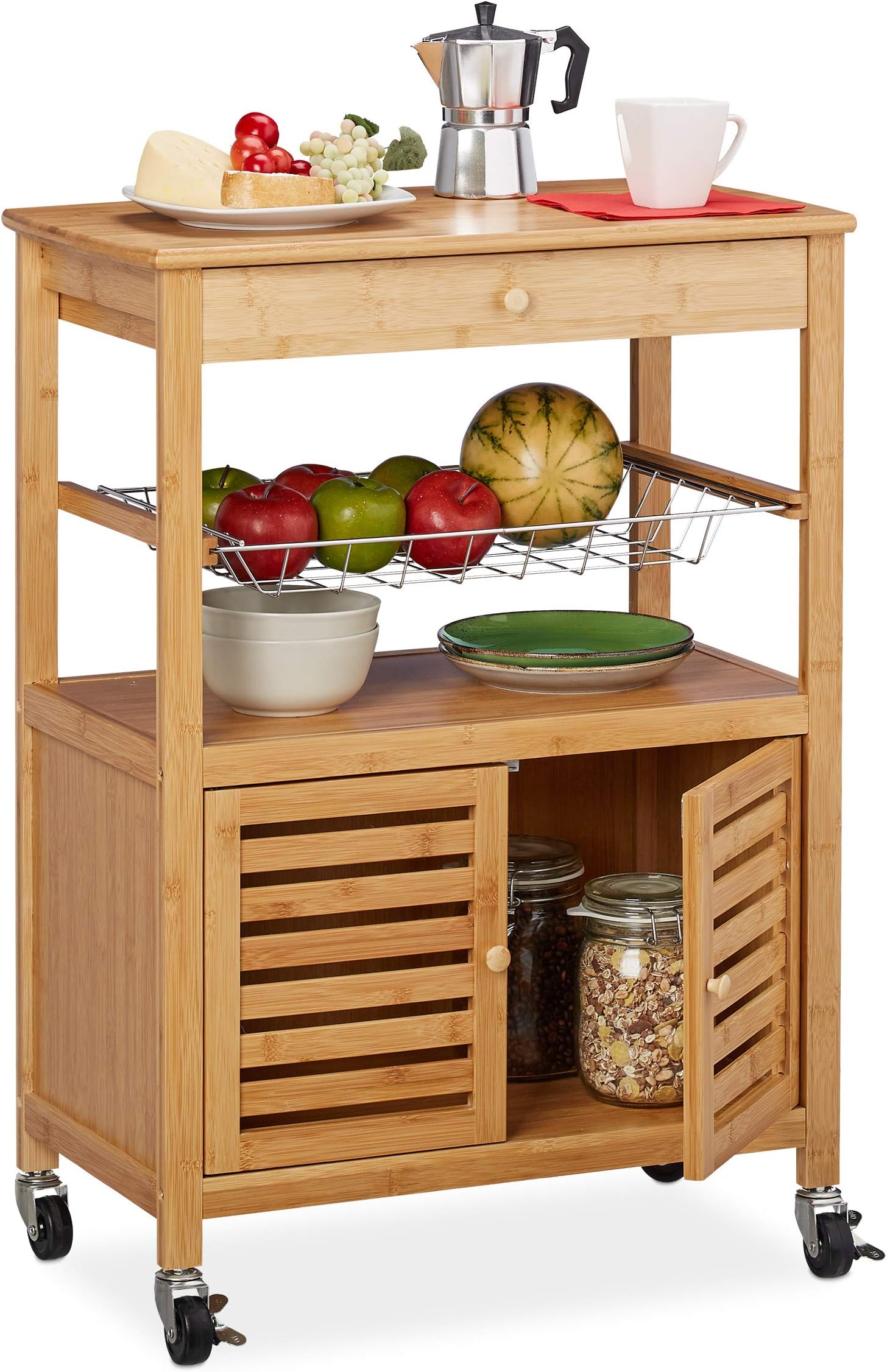 Relaxdays Bamboo Kitchen Trolley, Worktop, Cabinet & Basket, Serving ...