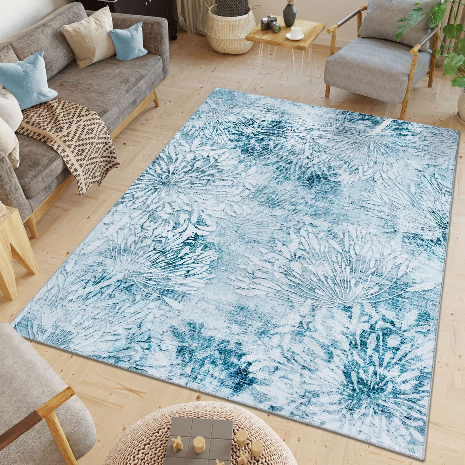 DECOMALL Jasmine Modern Floral Rug, Machine Washable Area Rugs ...