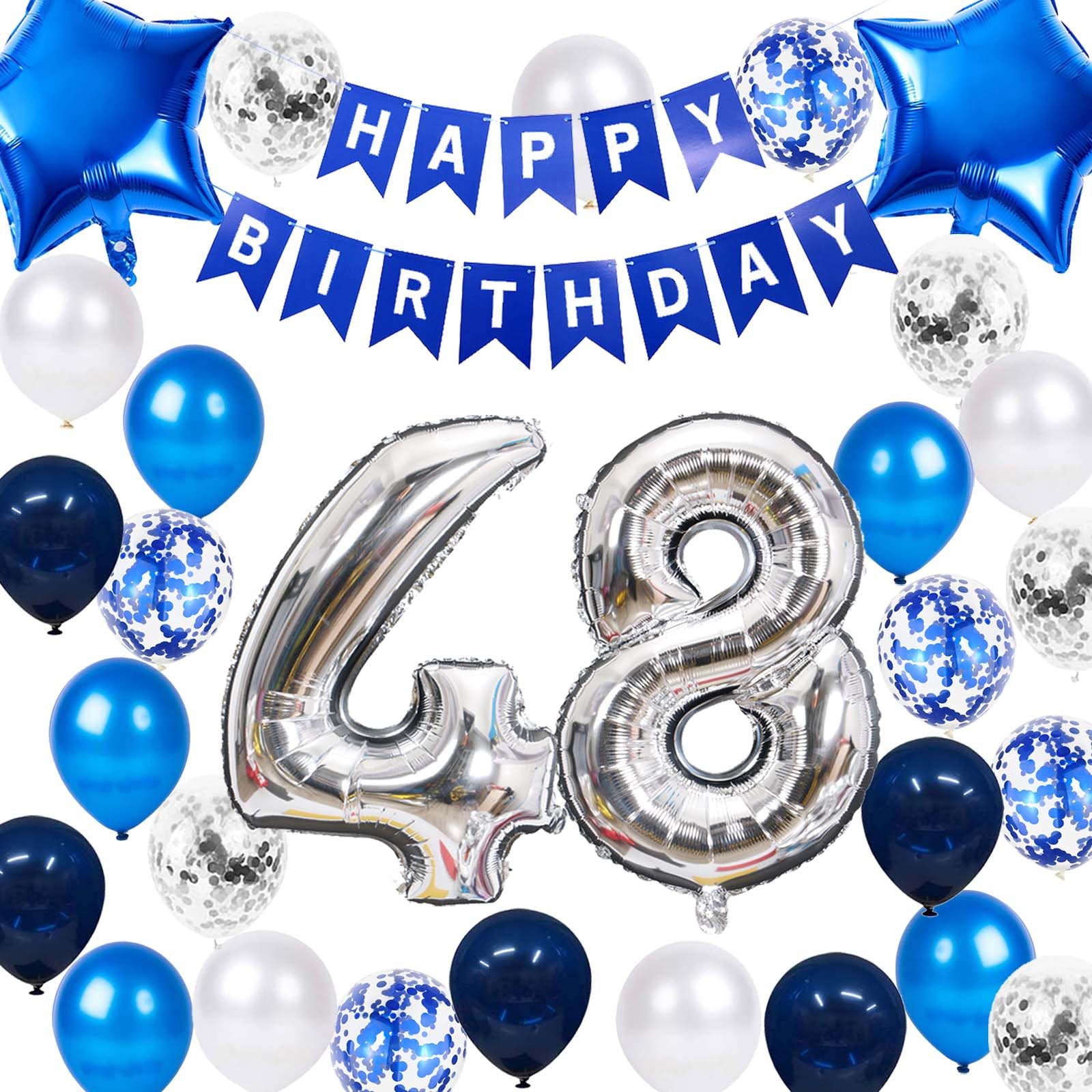 Amazon.com: 48th Birthday Party Decoration Blue Silver for Men, Happy Birthday Banner Number 48 ...