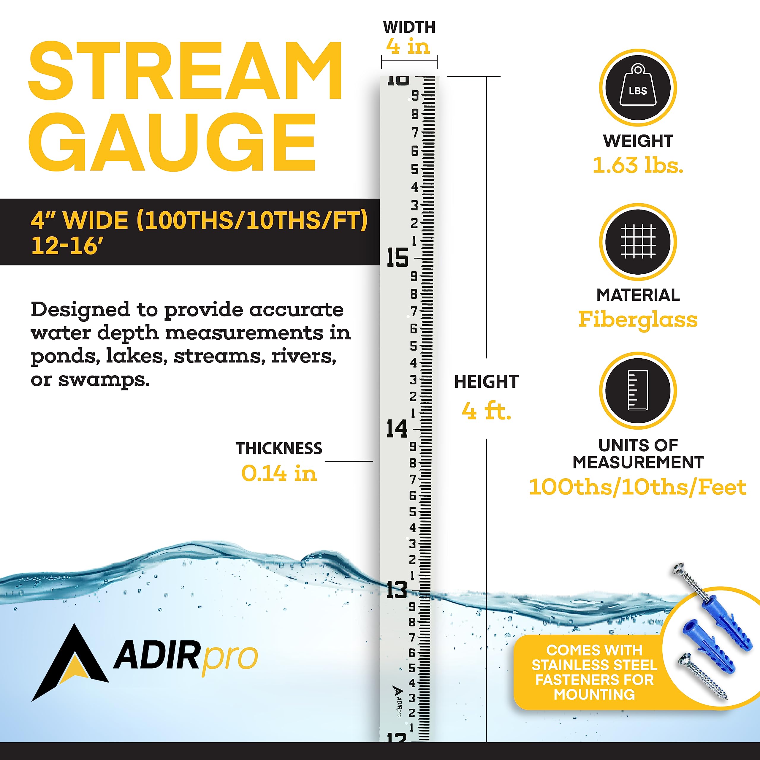 Snapklik.com : AdirPro 4" Wide Stream Gauge - Heavy Duty Fiberglass ...