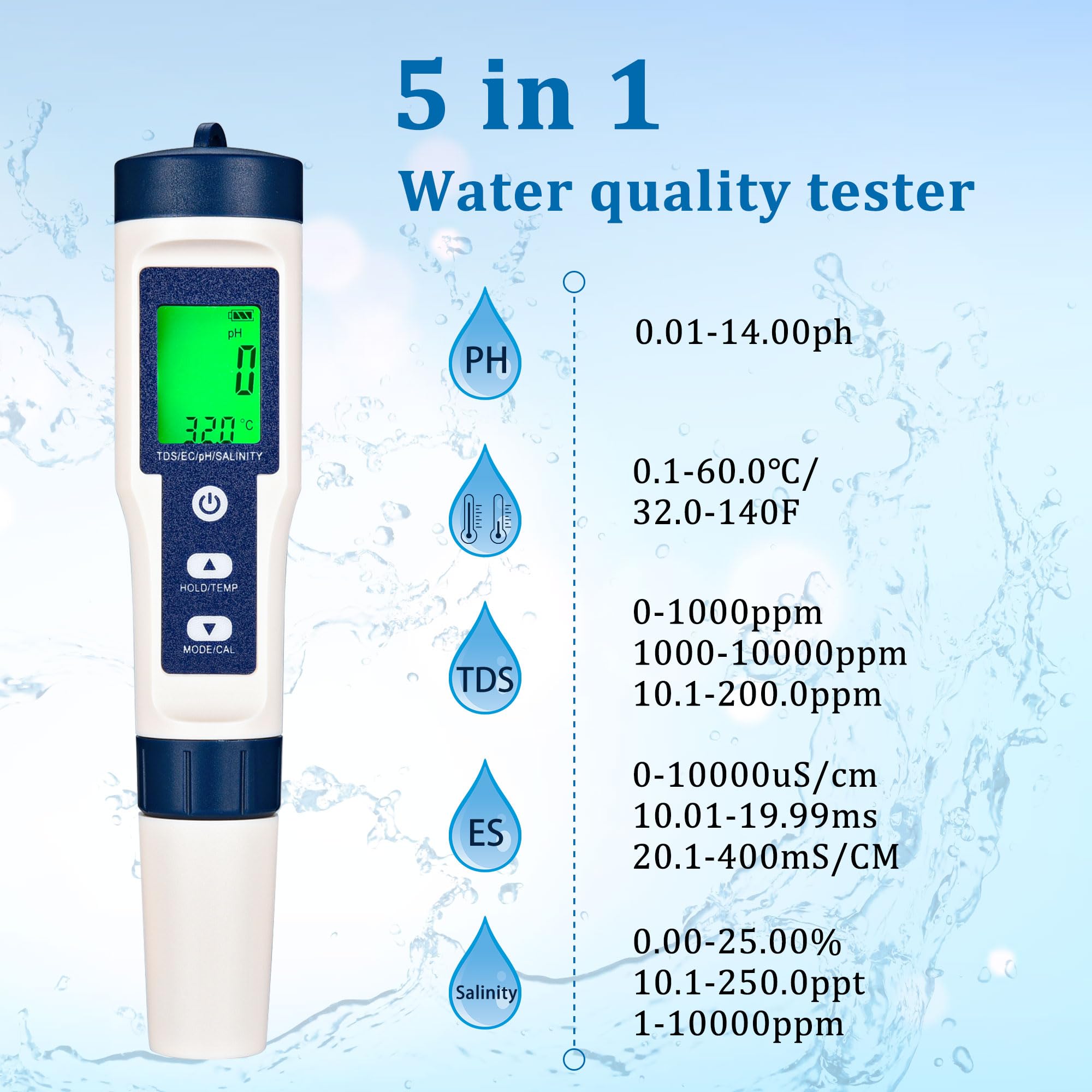 Snapklik.com : Pool Salt Tester & PH Meter, 5 In 1 Digital Salinity PH ...