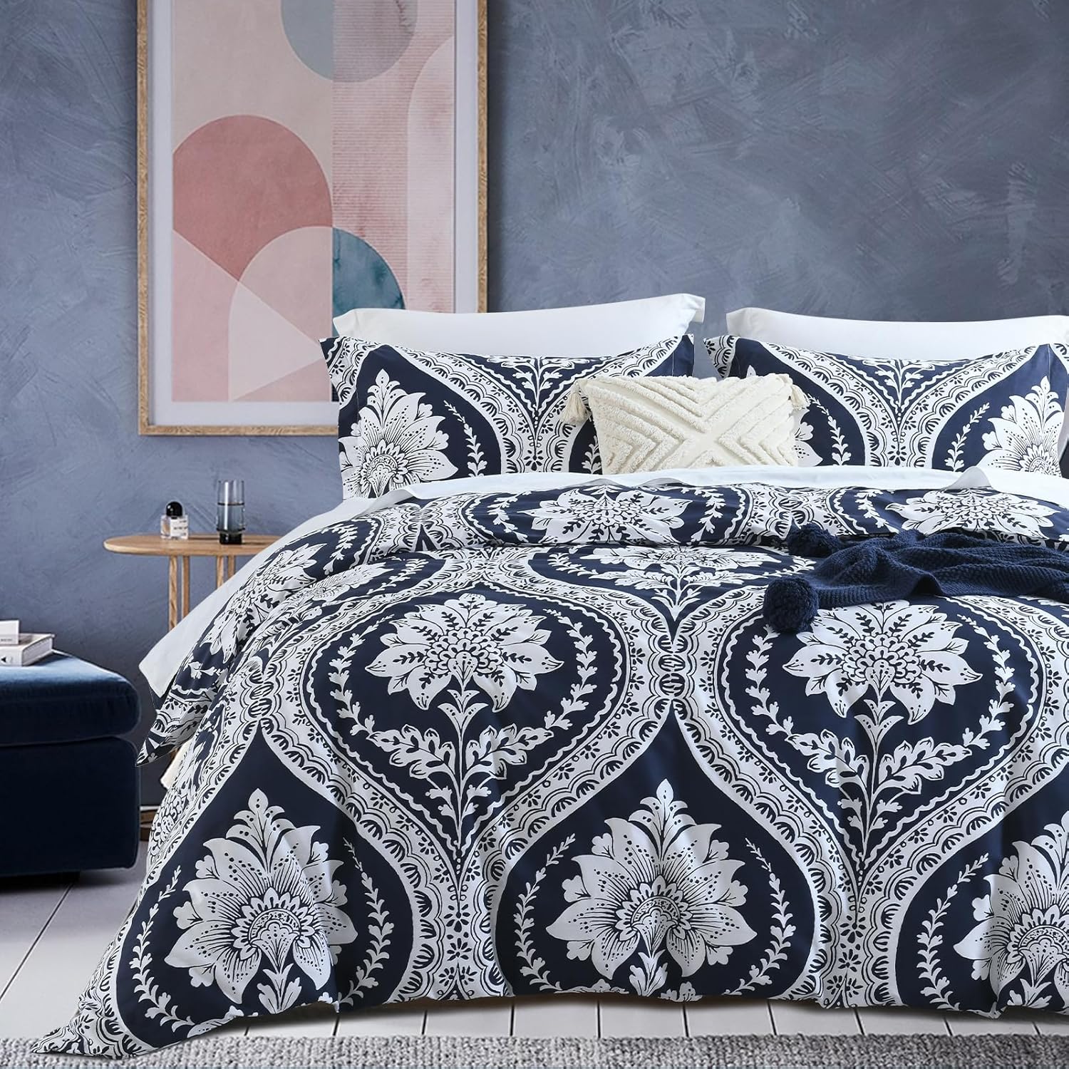 Amazon.com: PERHOM Navy Duvet Cover Queen - 3 Pieces Paisley Damask ...