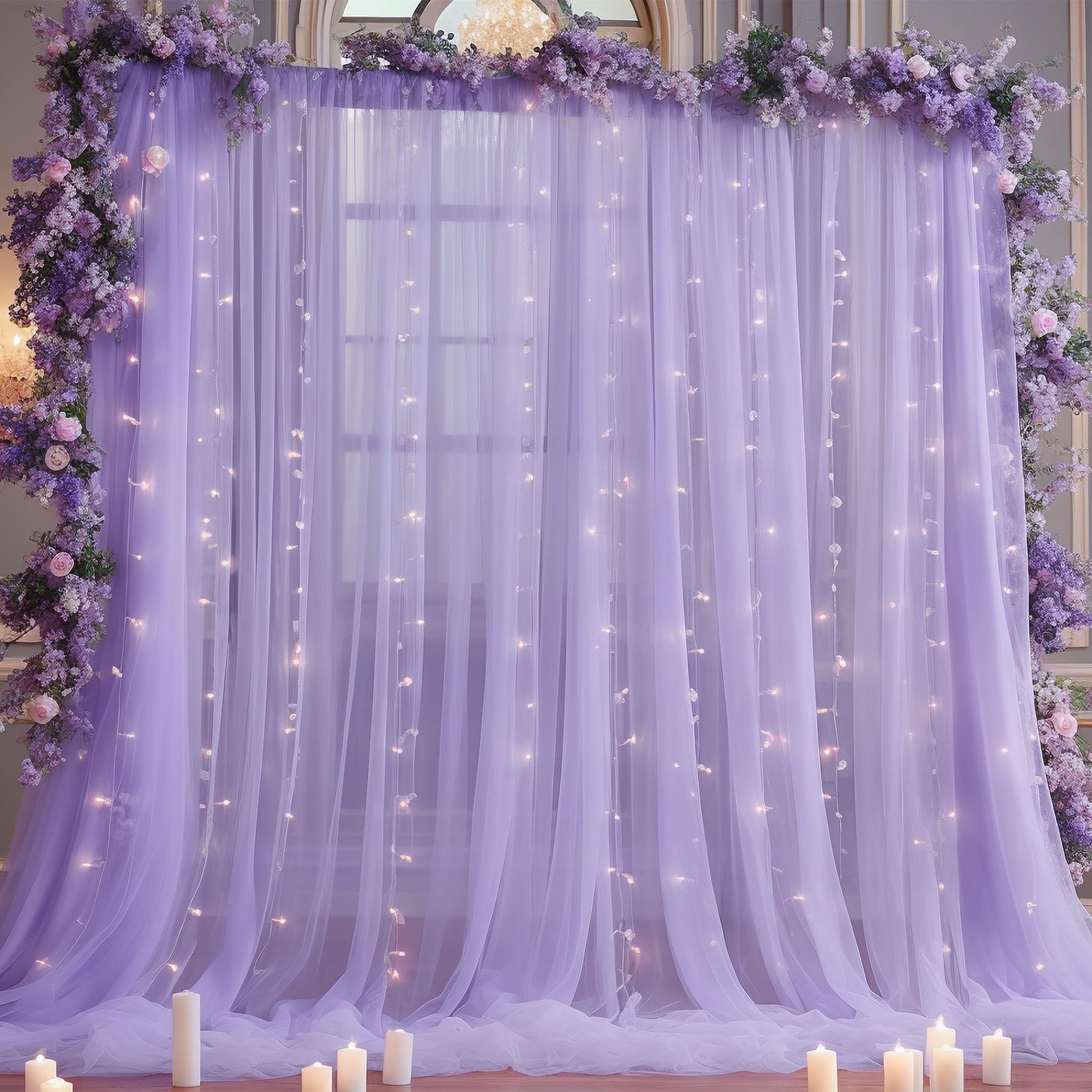 Amazon.com: PARTISKY 10x10ft Purple Tulle Backdrop Curtain with Lights ...