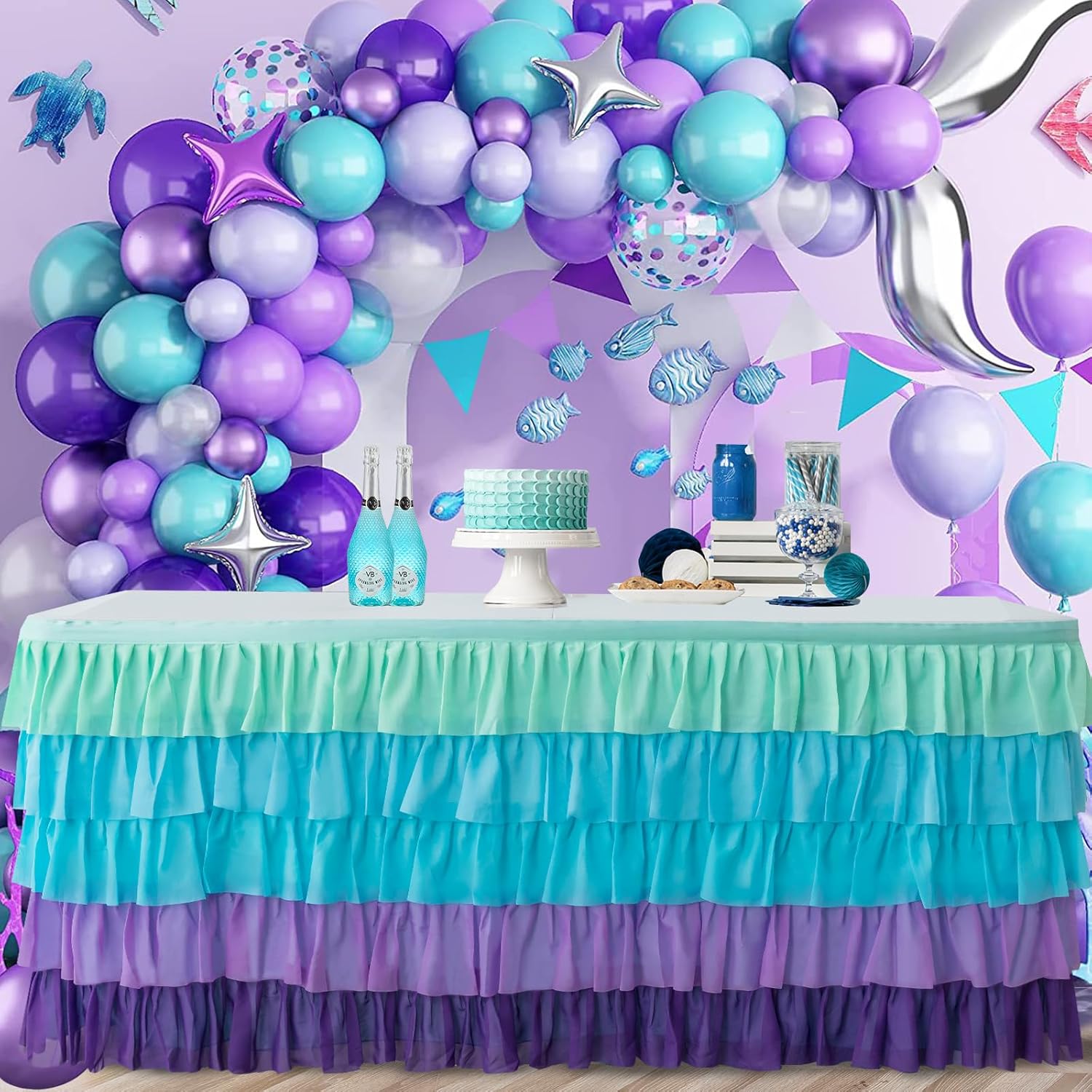 Amazon.com: JEVIX 9ft Table Skirt Mermaid Tablecloth Purple Mermaid ...
