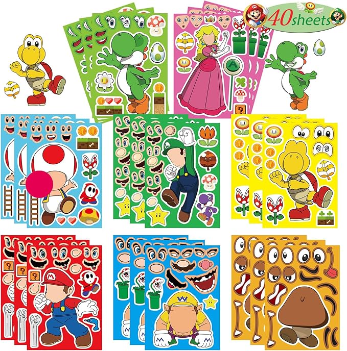 Amazon.com: 40 Sheets Mario Make a Face Stickers Sheets, Make Your Own ...