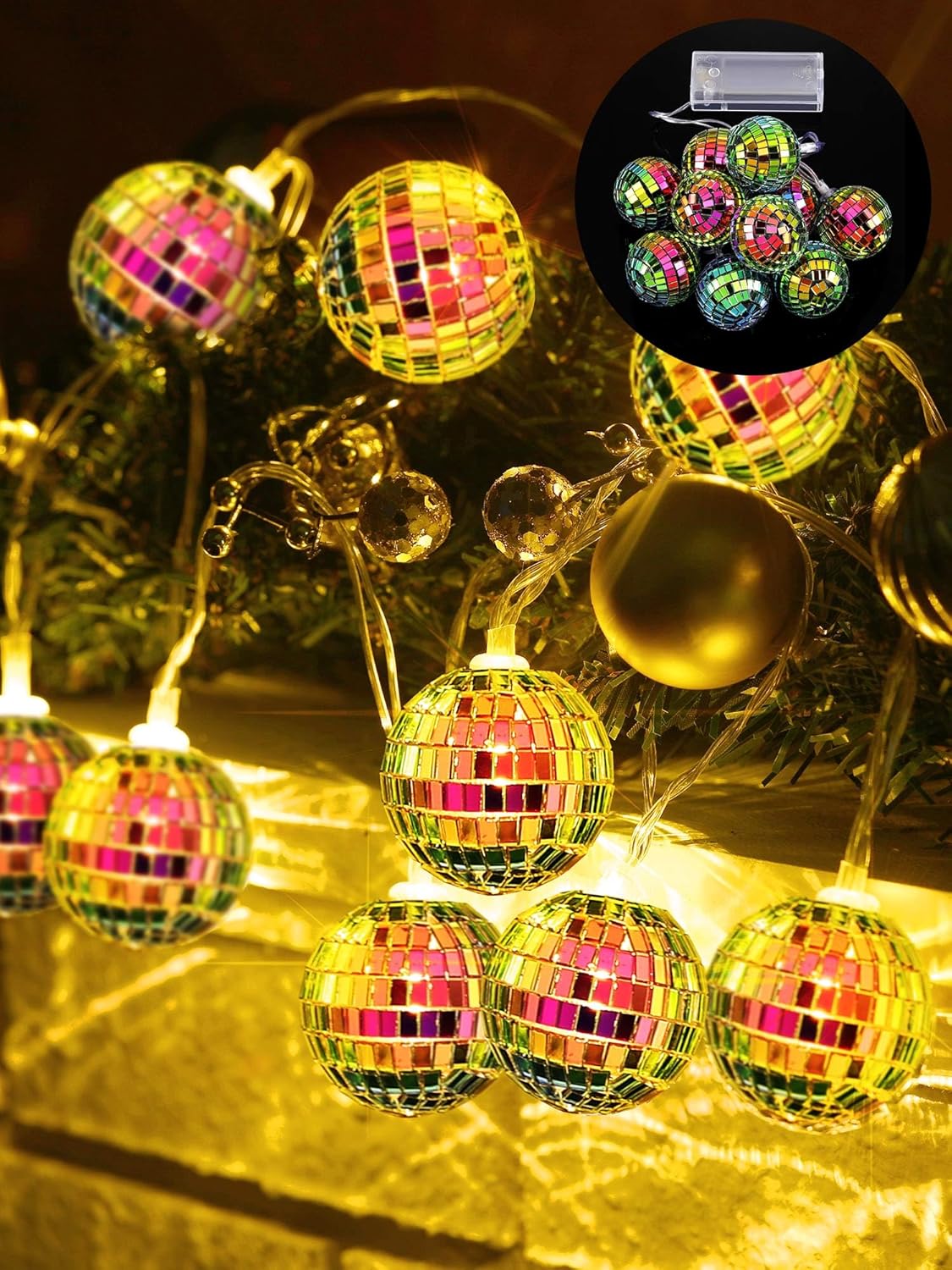 BBTO LED Disco Ball String Light Battery Powered Mirror Balls Ornaments ...