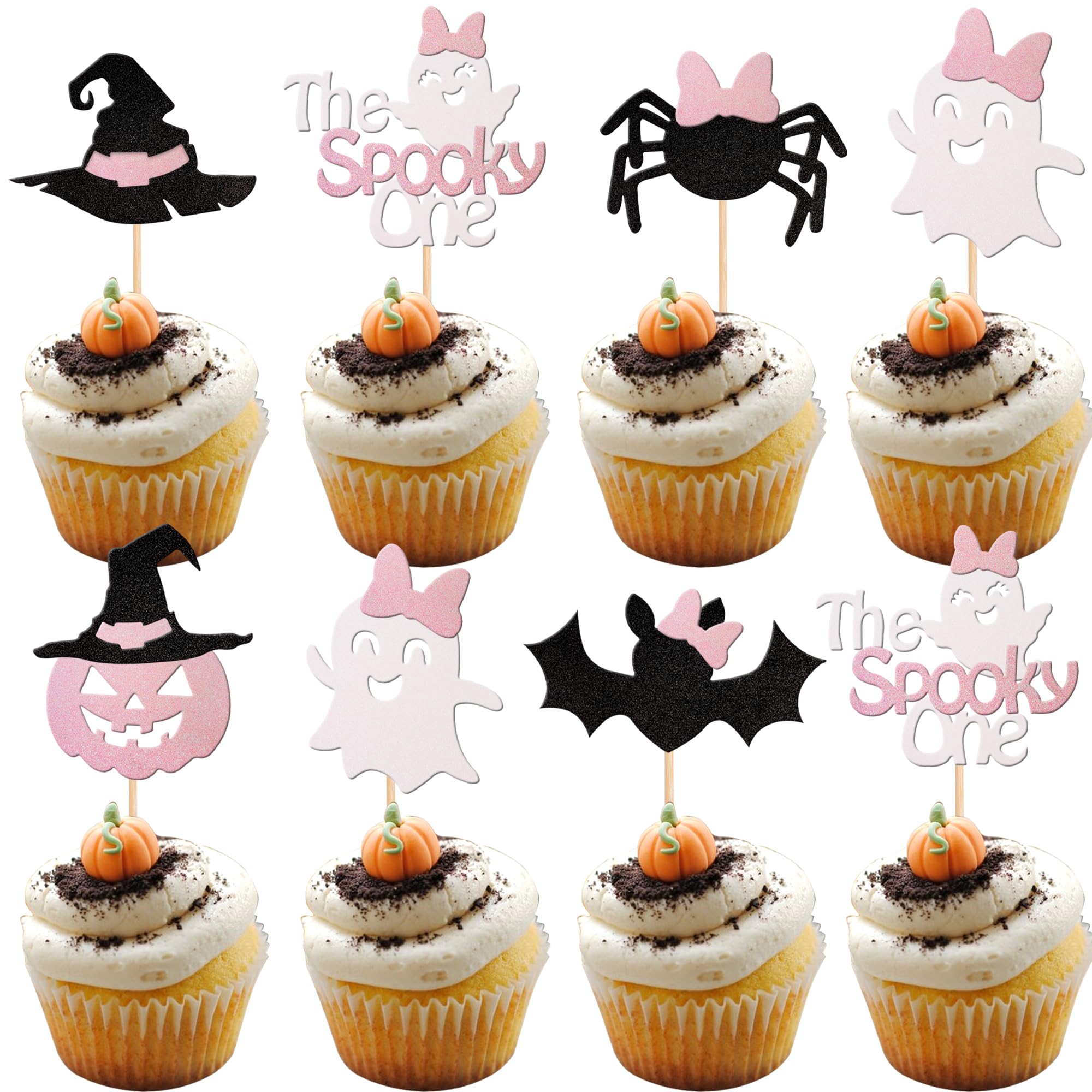 Amazon.com: 24 PCS Spooky One Halloween Cupcake Toppers Pink Black ...