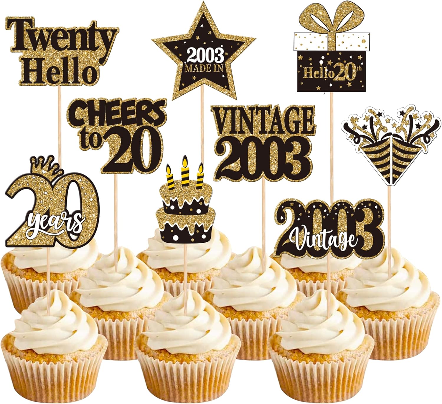 SYKYCTCY 36 PCS Happy 20th Birthday Cupcake Toppers Double Sided Black ...