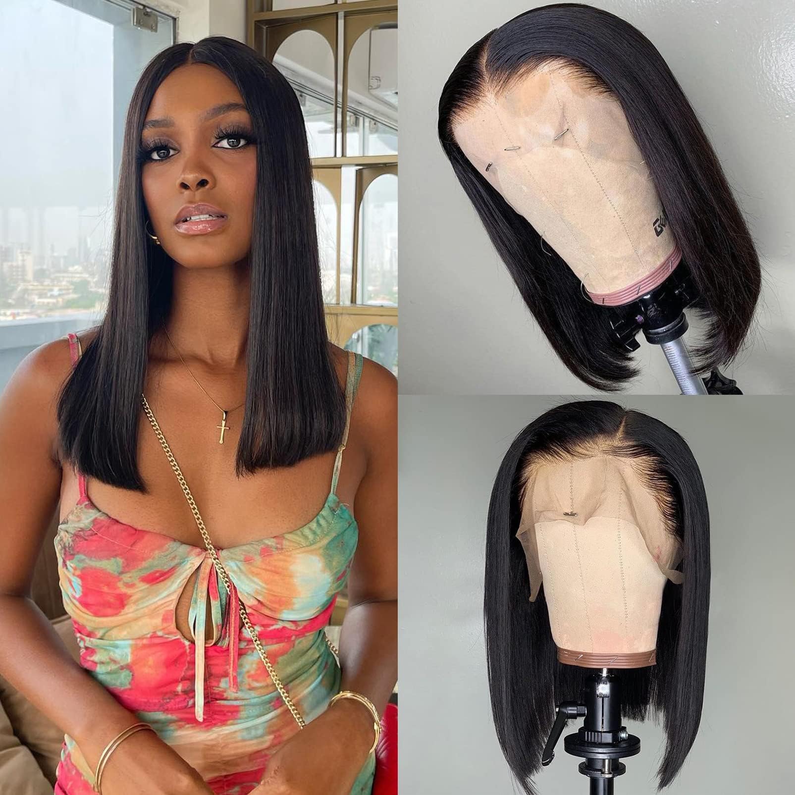 Amazon.com : Bob Wig Human Hair 13x4 Frontal Lace Wig 180% Density Straight Lace Front Wigs ...