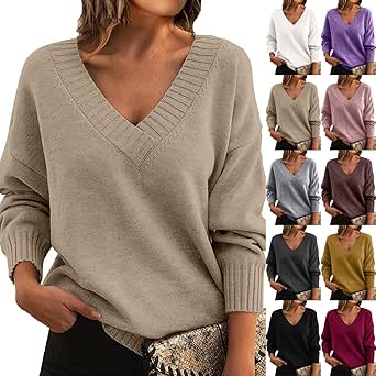 Fall Sweaters for Women V Neck Long Sleeve Knit Tops Loose Oversized ...
