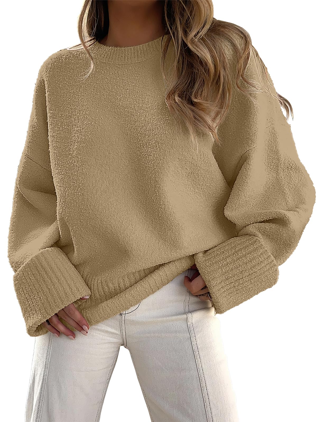 Prinbara Women's Crewneck Long Sleeve Oversized Fuzzy Knit Chunky Warm ...