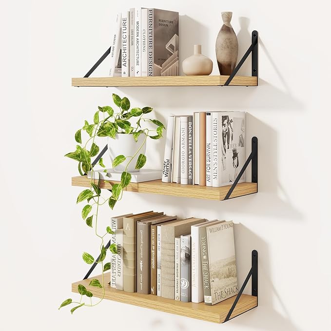 Feihorrm Book Shelf for Wall, Oak Shelf, Floating Shelves with Brackets ...