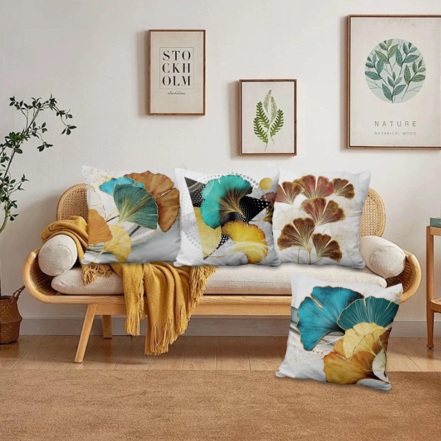 Amazon.com: Vie Savaran 4 Pcs/Set Ginkgo Leaf Throw Pillow Covers Fall ...