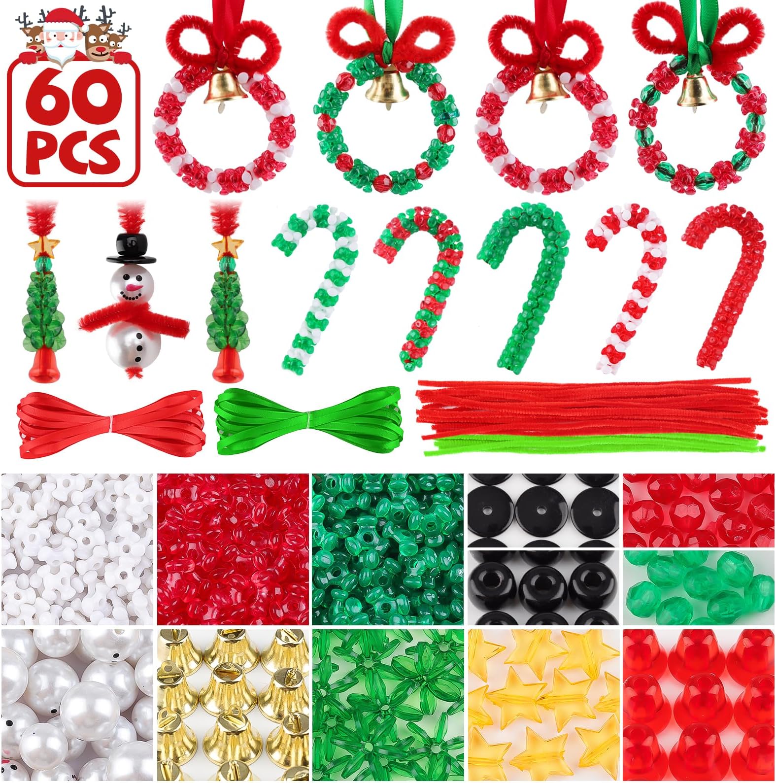 Amazon.com: Lanstics 60 Sets Christmas Craft Beaded Ornament Kit ...