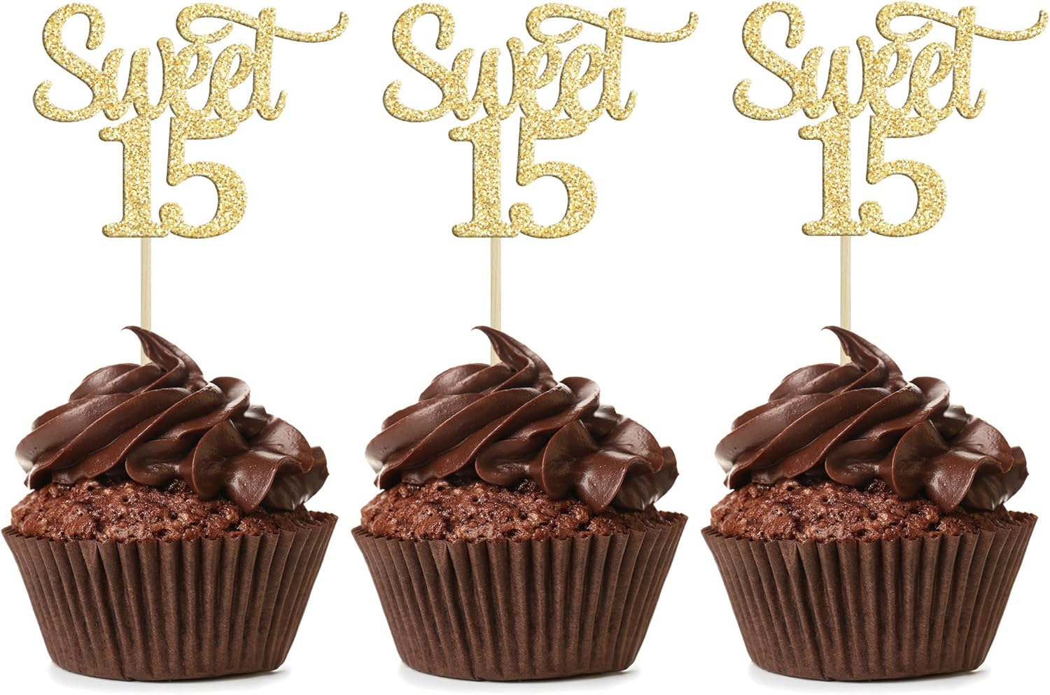 Amazon.com: Gyufise 24Pcs Sweet 15 Cupcake Toppers Gold Glitter Number ...