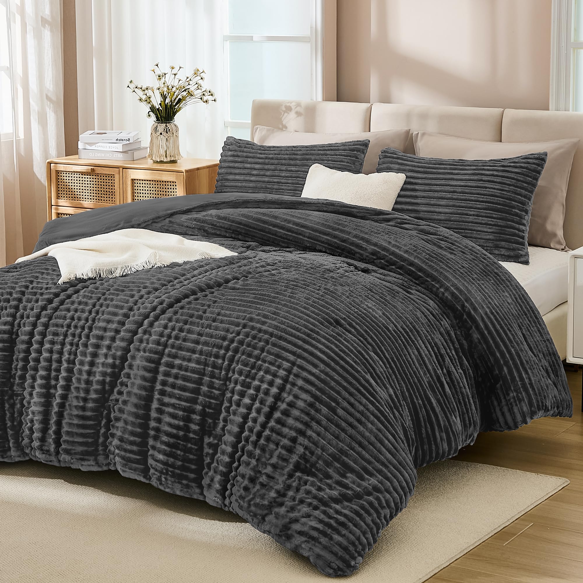 Andency Fleece Queen Comforter Set, 3 Pieces Dark Grey Comforter Set ...