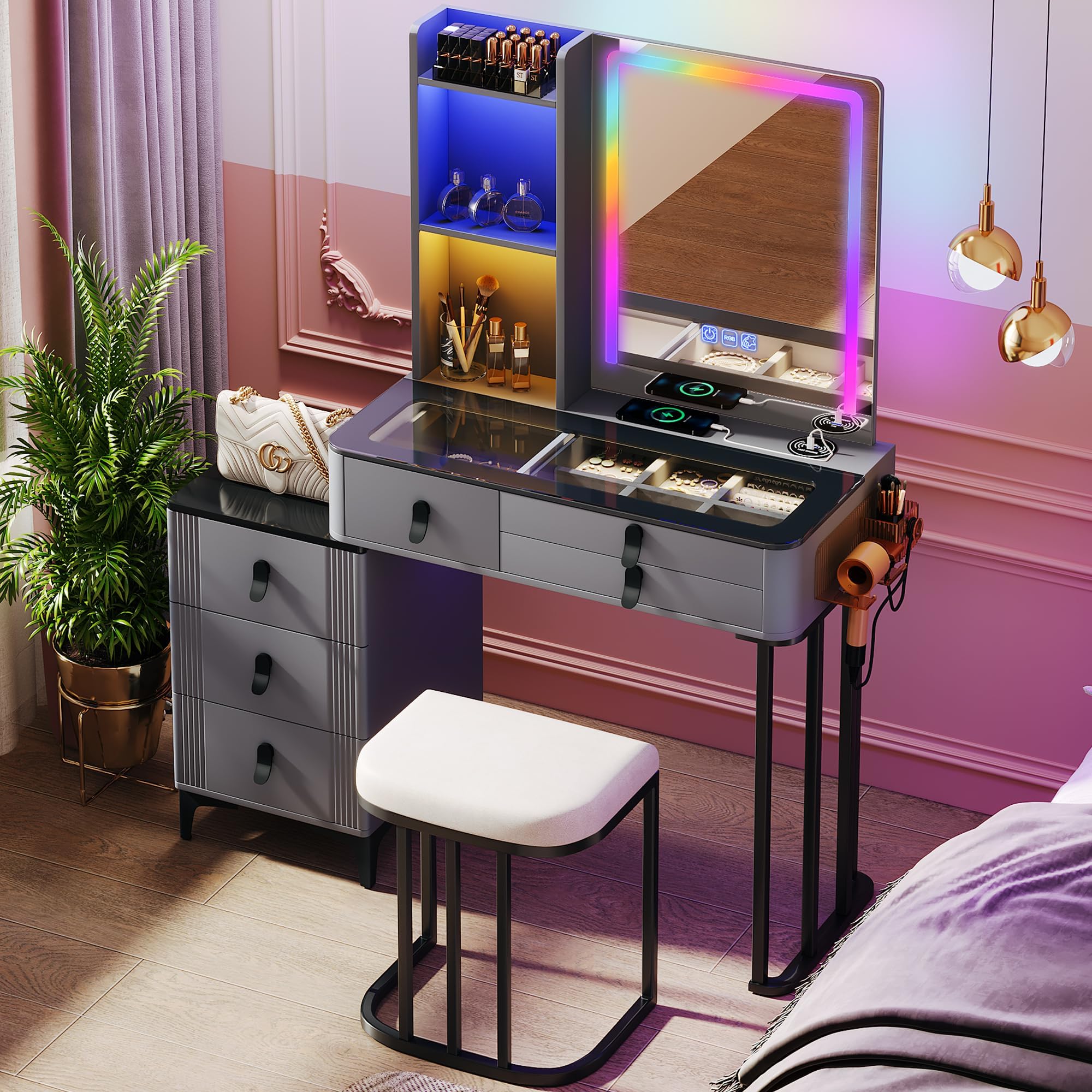 Amazon.com: Vanity-with-Mirror-and-Lights Makeup Desk - Grey Dressing ...