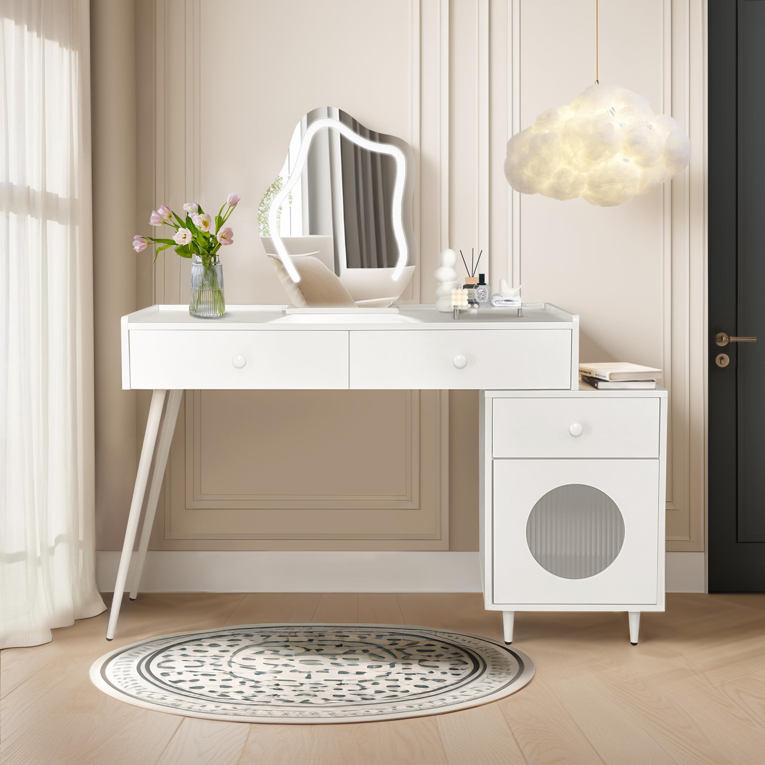 White Vanity Table White Dressing Table With Mirror And LED Lights