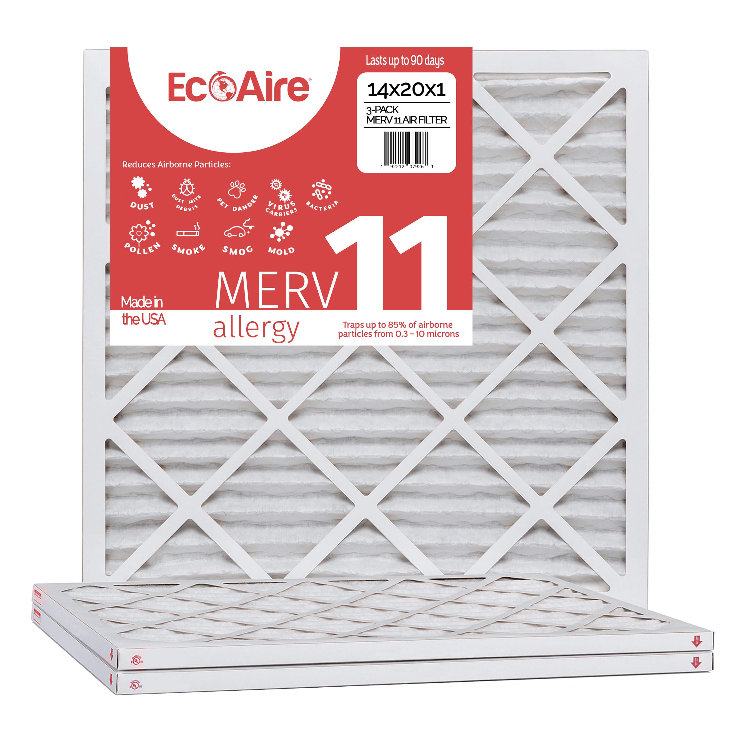 Eco-Aire 14x20x1 MERV 11, Pleated Air Filter, 14x20x1, Box of 3, Made ...