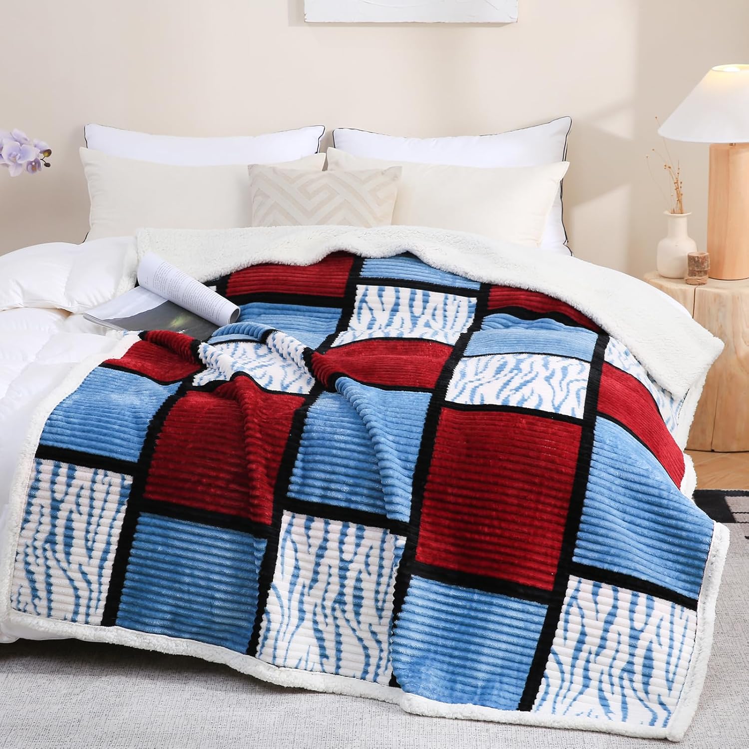 Amazon.com: PU MEI Sherpa Blanket Fleece Throw Blanket Queen Plaid ...