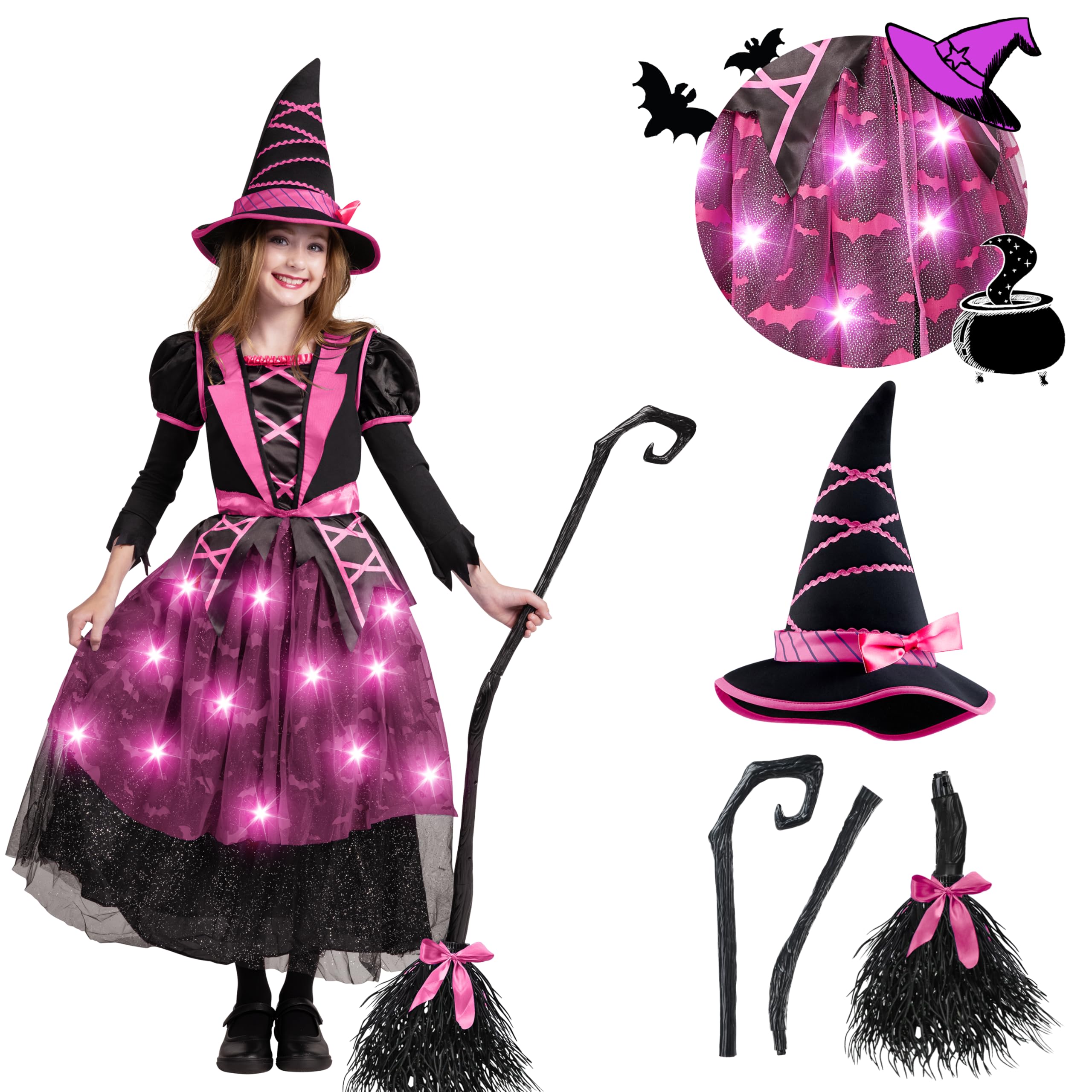 Spooktacular Creations Light Up Purple Witch Costume with Hat and Broom for Girls, Tollders for ...