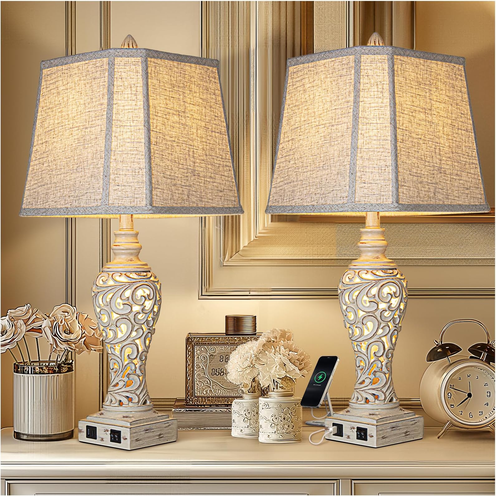 LuxSight Collection Table Lamps Set of 2 - Bedside Lamp with Fabric ...