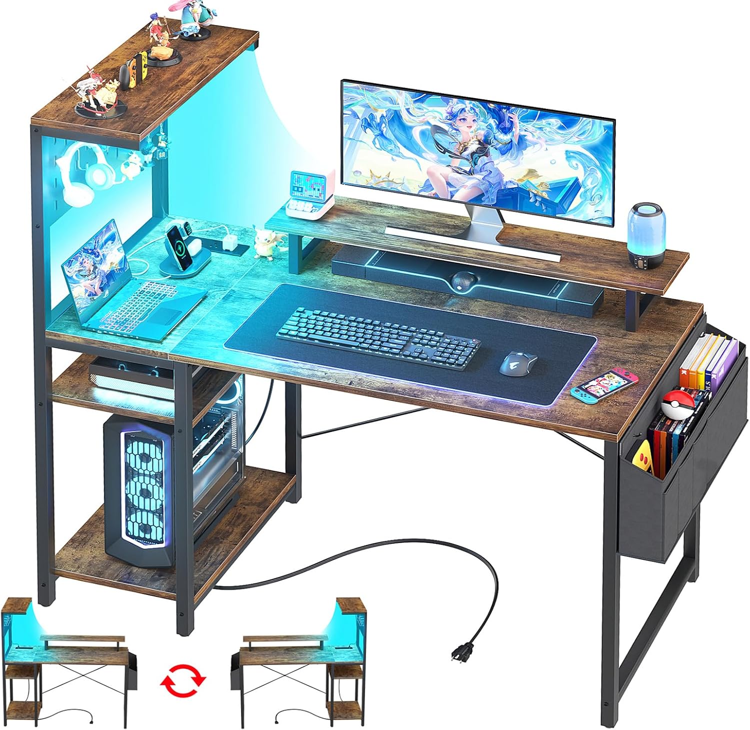 Homieasy Gaming Desk with Power Outlets & Pegboard & Led Light, 43 Inch ...