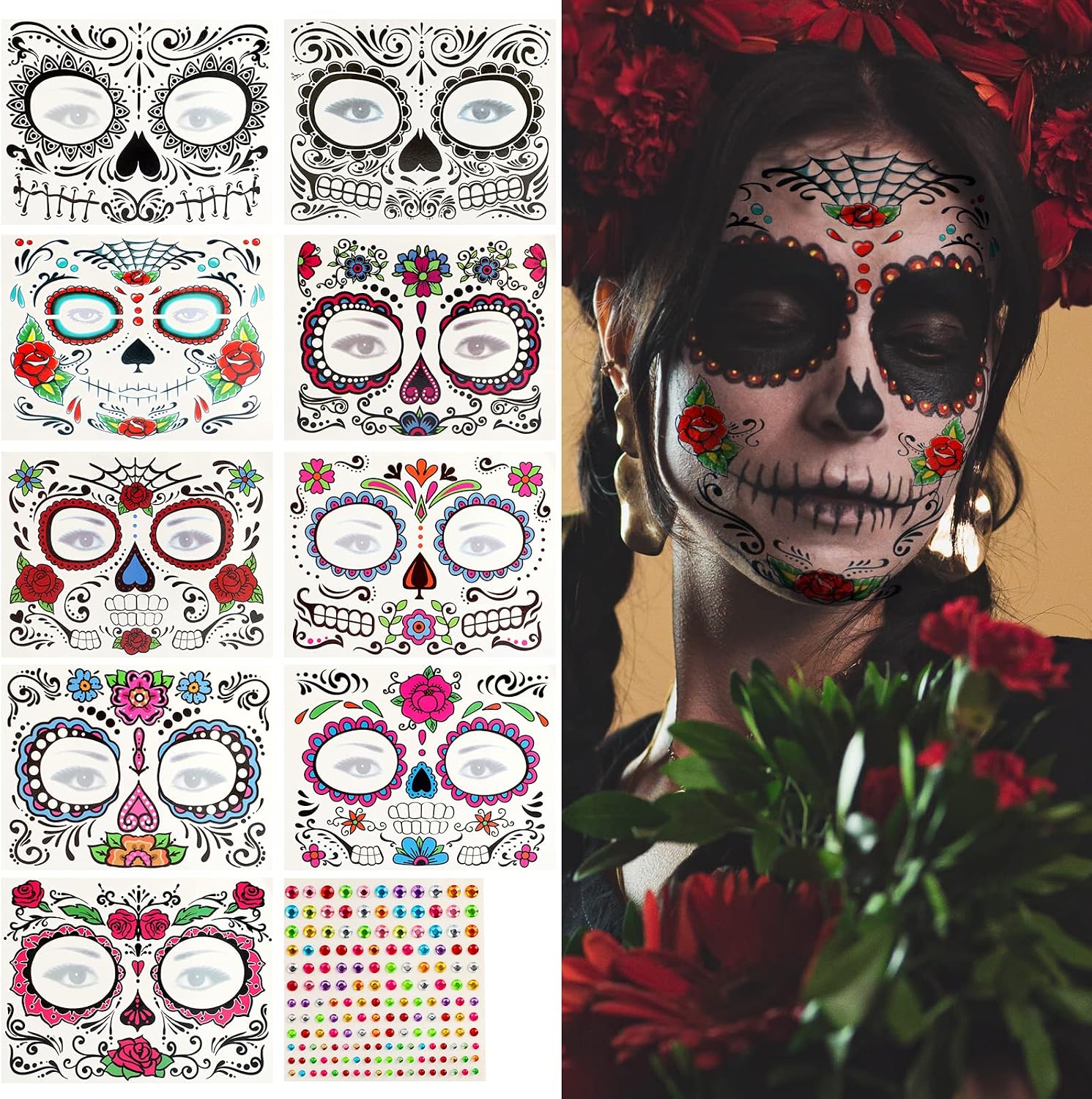 10 Sheets Halloween Face Temporary Tattoos, Day of the Dead Sugar Skull ...