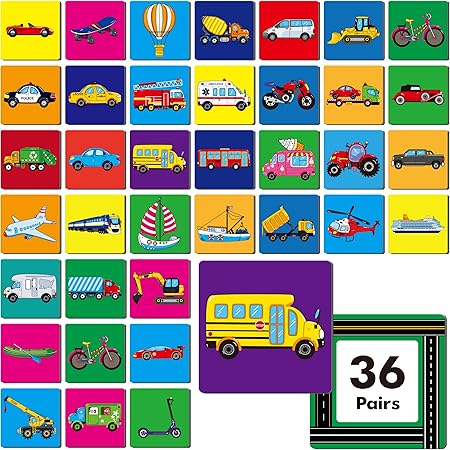 Amazon.com: Hebayy Vehicle Matching Game, 72 PCS Traffic Memory ...
