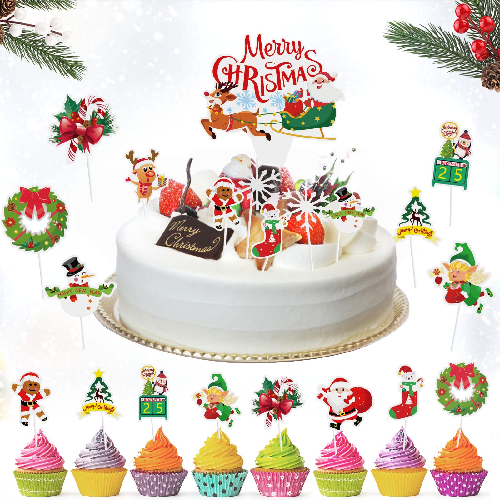 DPKOW 37pcs Christmas Cake Toppers Decorations, Merry Christmas Cupcake ...