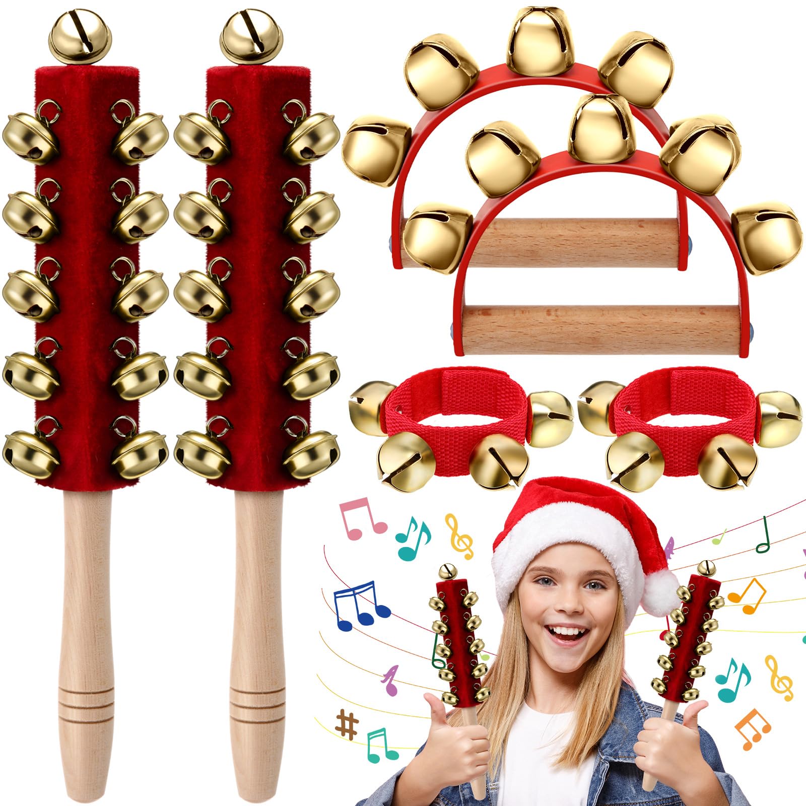 Amazon.com: Boao 6 Pcs Christmas Hand Jingle Bells Wooden Handle Sleigh ...