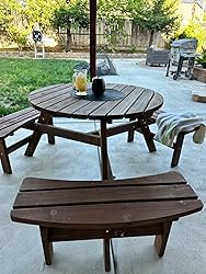 Amazon.com: Tangkula 8 Person Wood Picnic Table, Outdoor Round Picnic Table with 4 Built-in ...